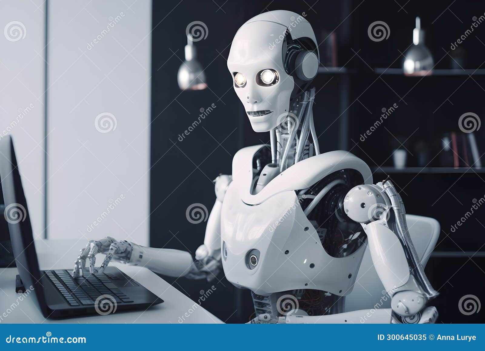 A Robot Operating a Computer in the Office Stock Illustration ...