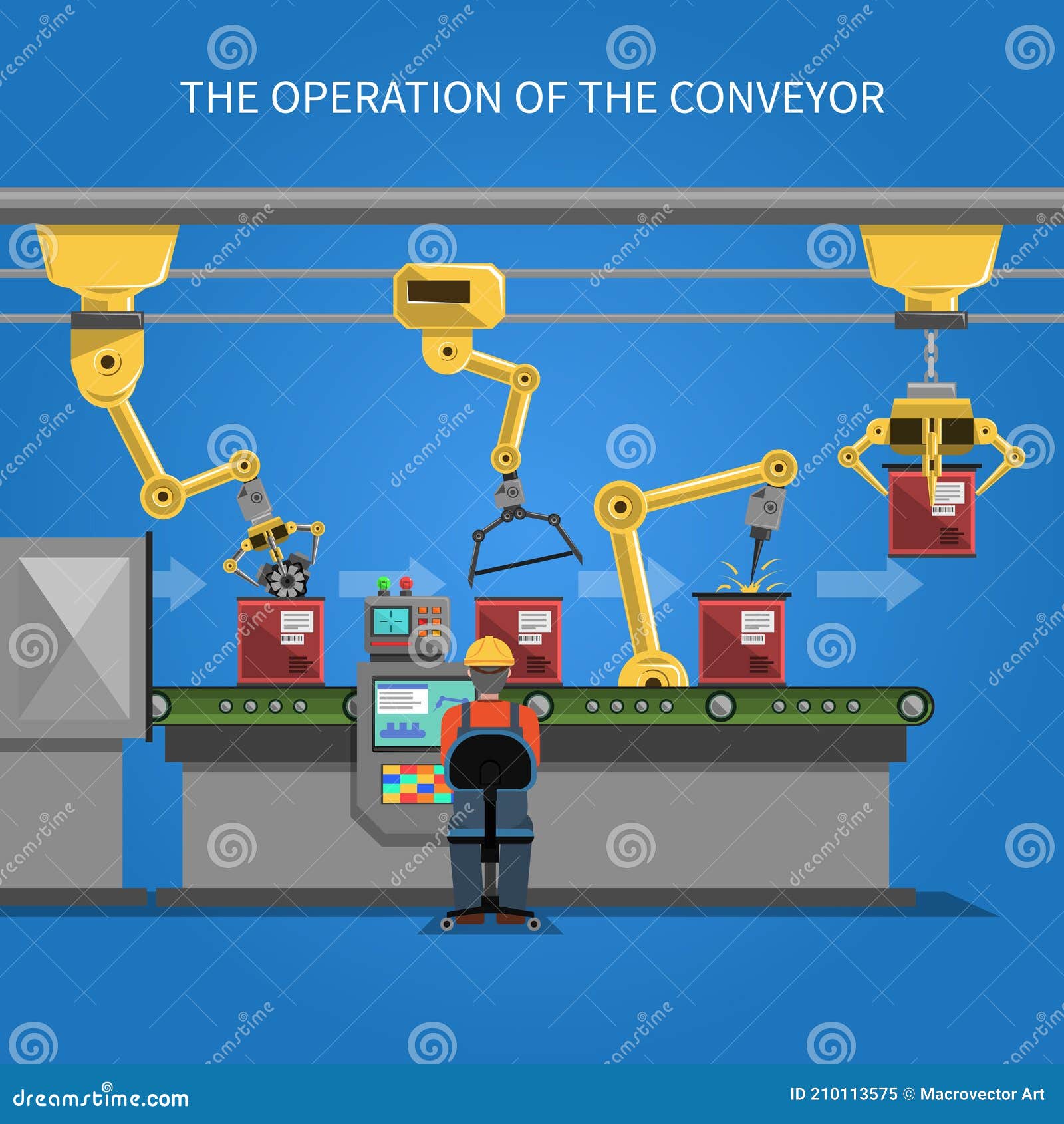 Robot Operation Of The Conveyor With Conveyor Belt Vector Illustration ...