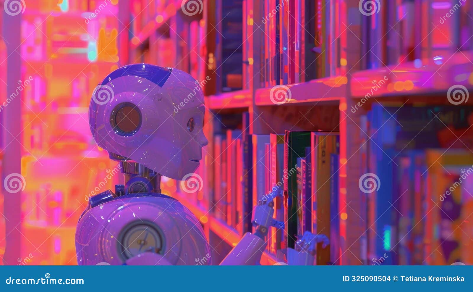 A Robot Organizing Books on a Bookshelf in a Home Library, Ensuring ...