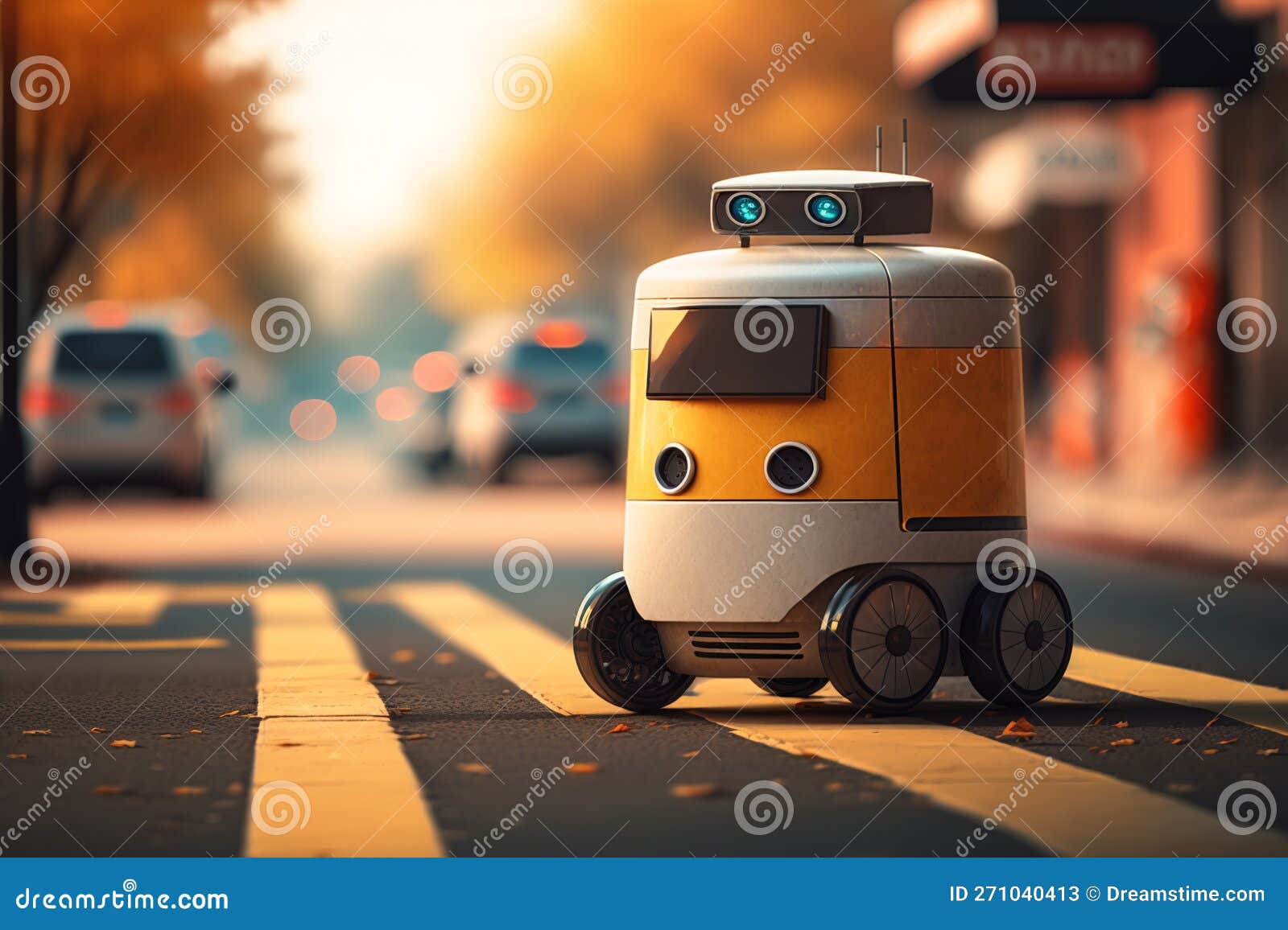 Robot on Pedestrian Crossing on Road in City. Robotic Service Stock ...