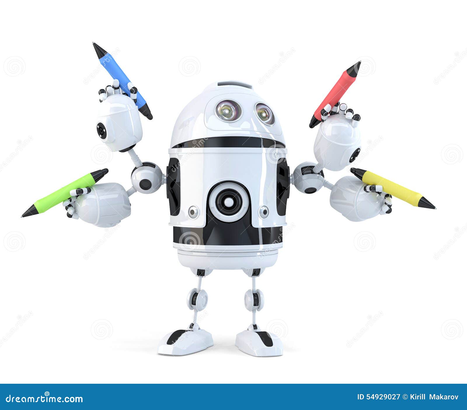 Robot with Pencils. Multitasking Concept. Isolated Stock Illustration ...