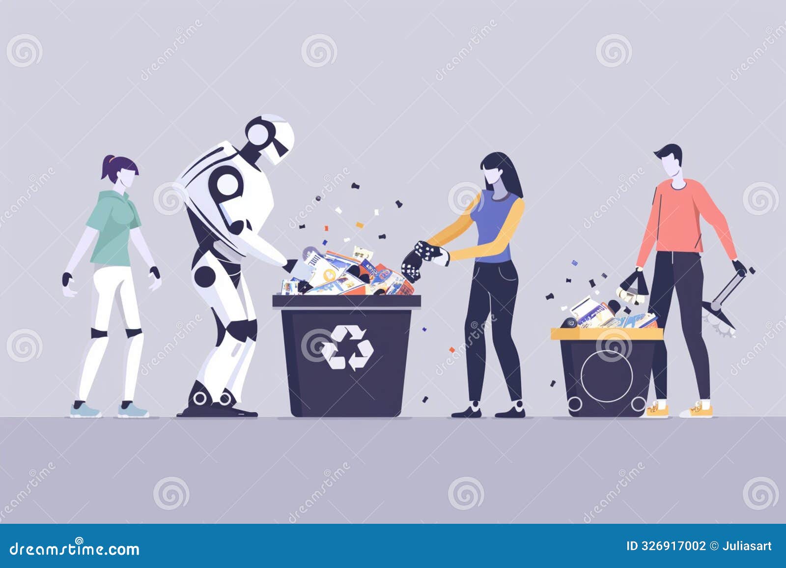 Robot and People Sorting Garbage. Human and Robot Collaboration ...