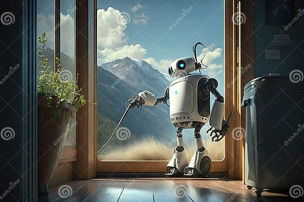 Robot Performing a Cleaning Routine, with a View of the Outdoors ...