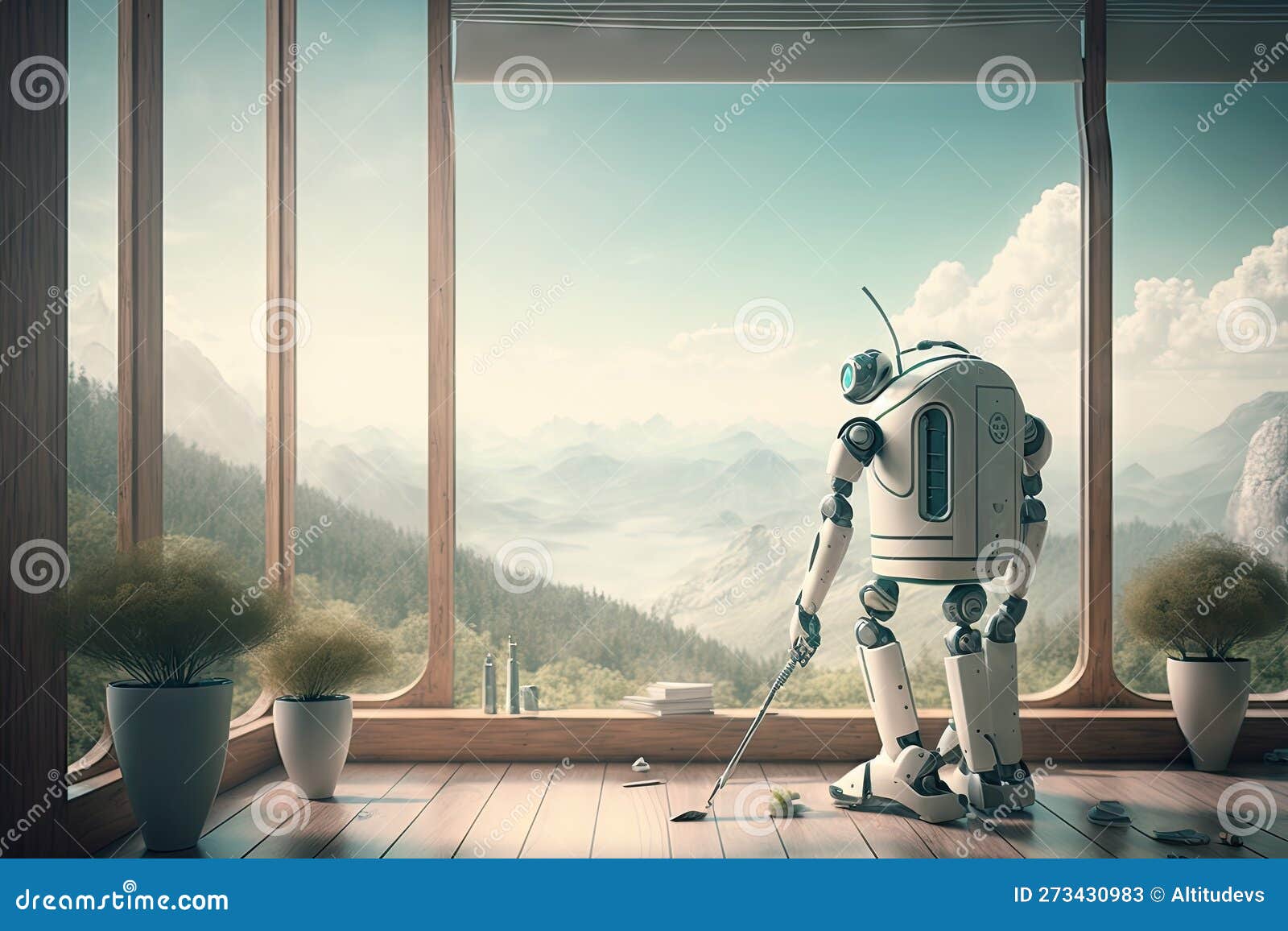 Robot Performing a Cleaning Routine, with a View of the Outdoors ...