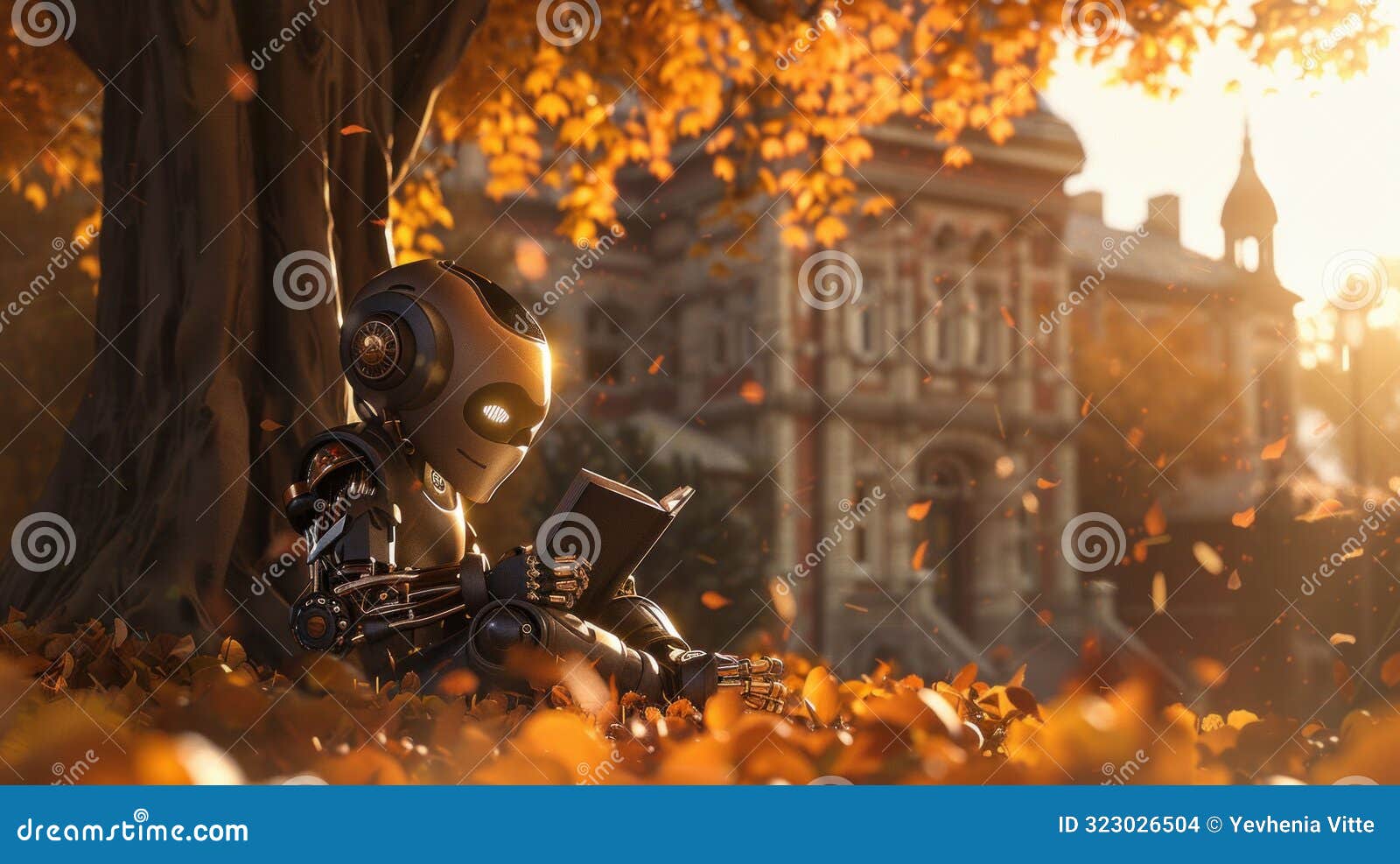 Robot Philosopher Reading Under a Tree in Autumn. Generative Ai Stock ...