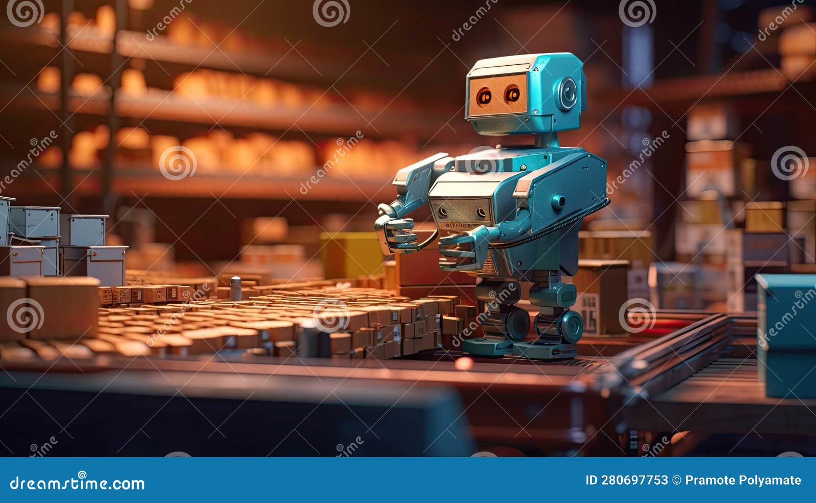 Robot Pick Up Box on the Conveyor Belt in the Factory. Artificial ...