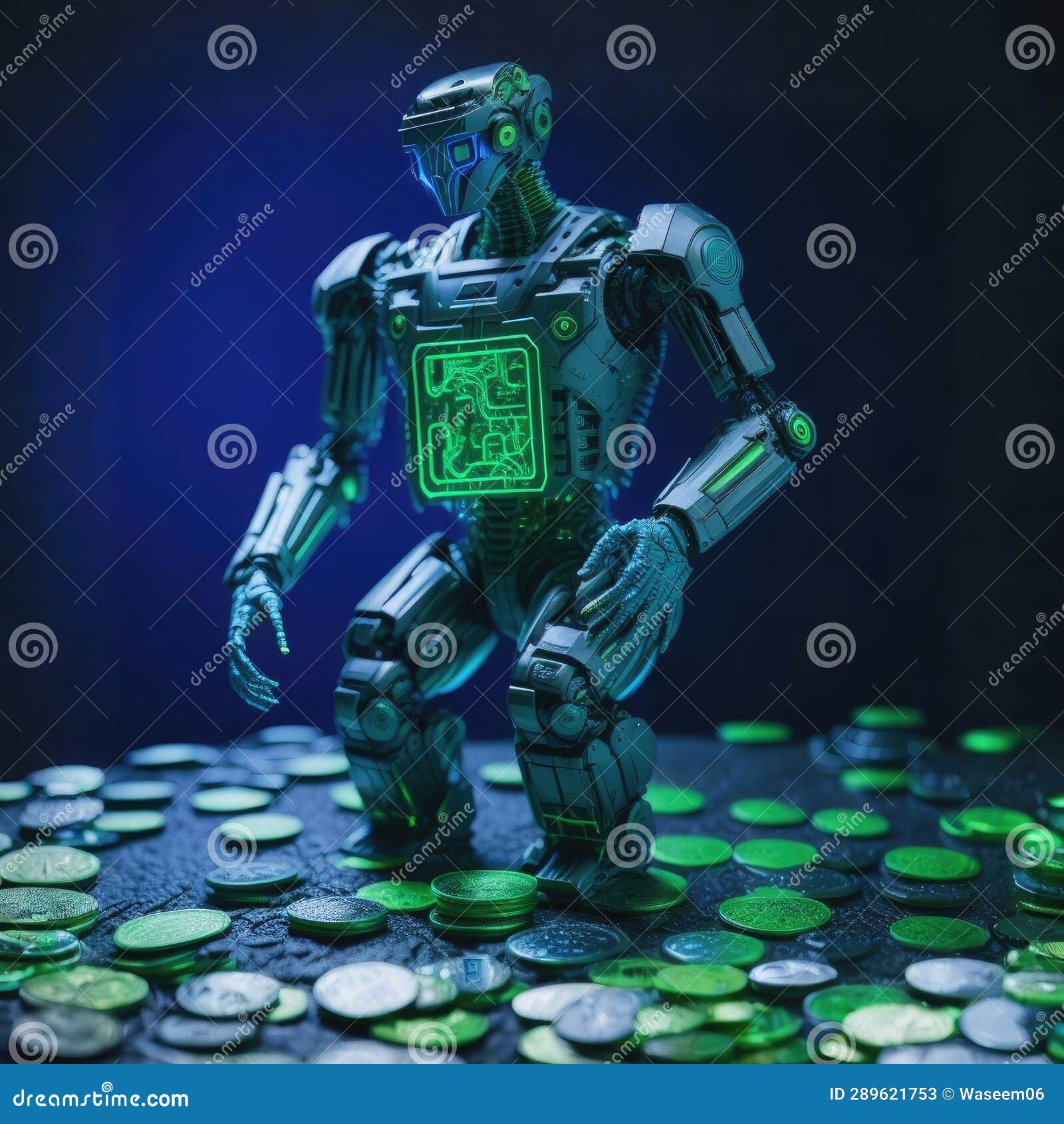 Robot on a pile of coins stock illustration. Illustration of artificial ...
