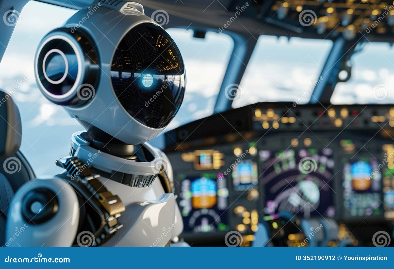 Robot Pilot Assistant on a Plane, Copy Space. AI Centered World Concept ...