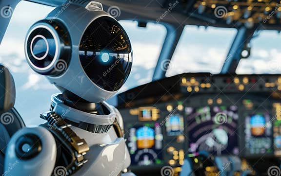 Robot Pilot Assistant on a Plane, Copy Space. AI Centered World Concept ...