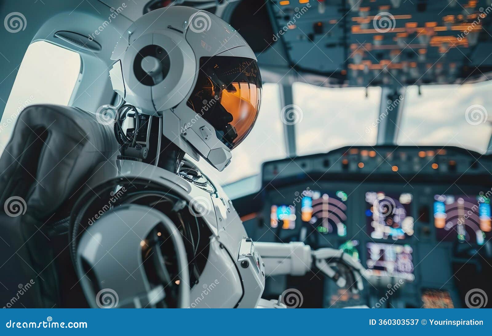 Robot Pilot Assistant On A Plane, Copy Space. AI Centered World Concept ...