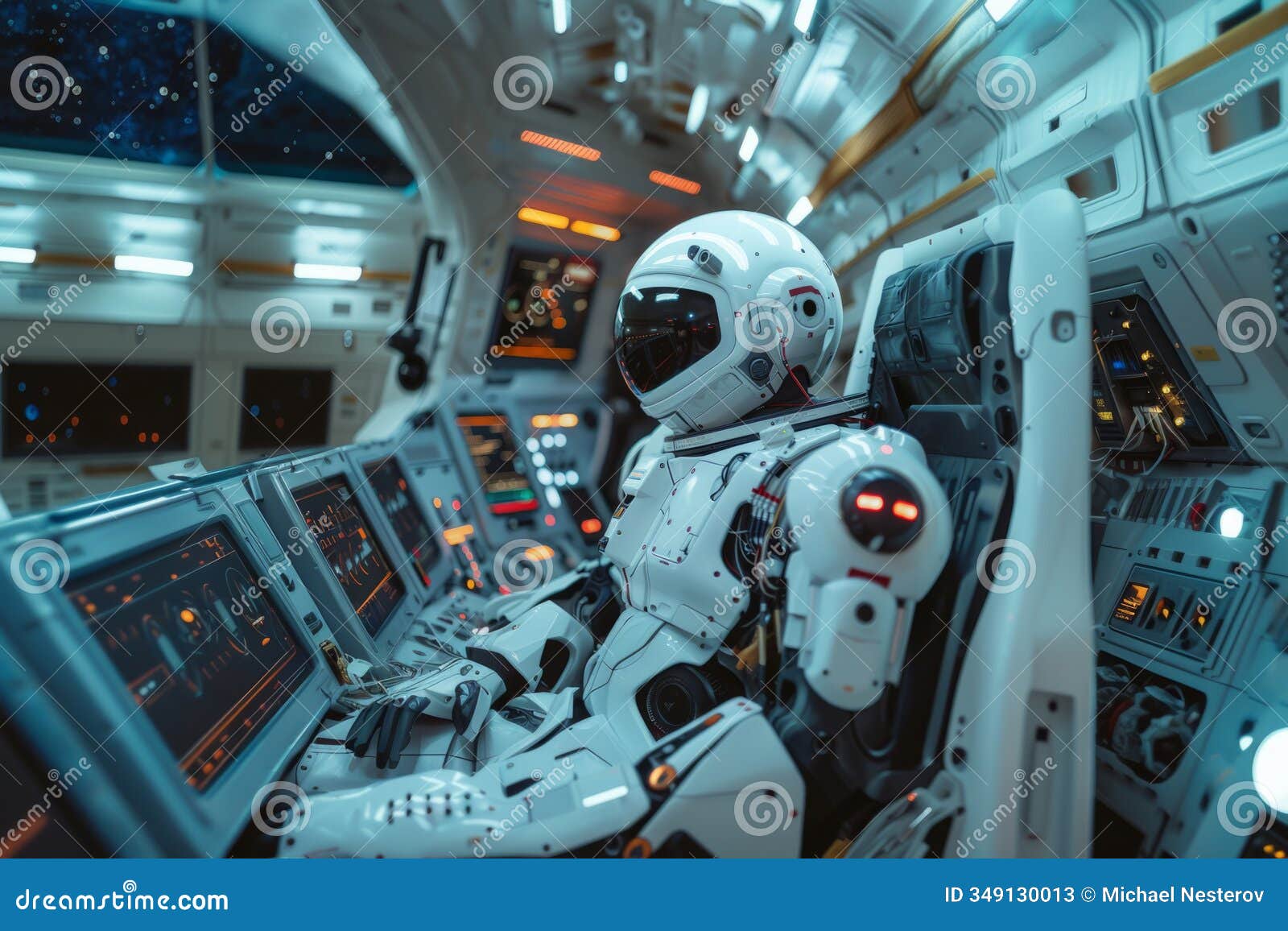 Robot Pilots a Spaceship in Space Stock Image - Image of technology ...