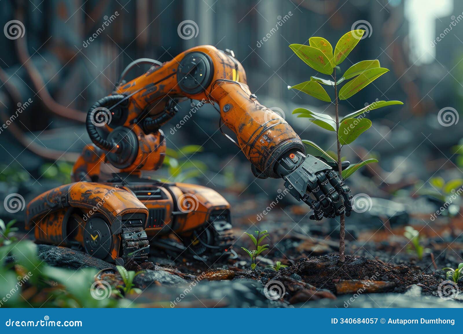 A Robot is Planting a Tree in a Post-apocalyptic World Stock ...