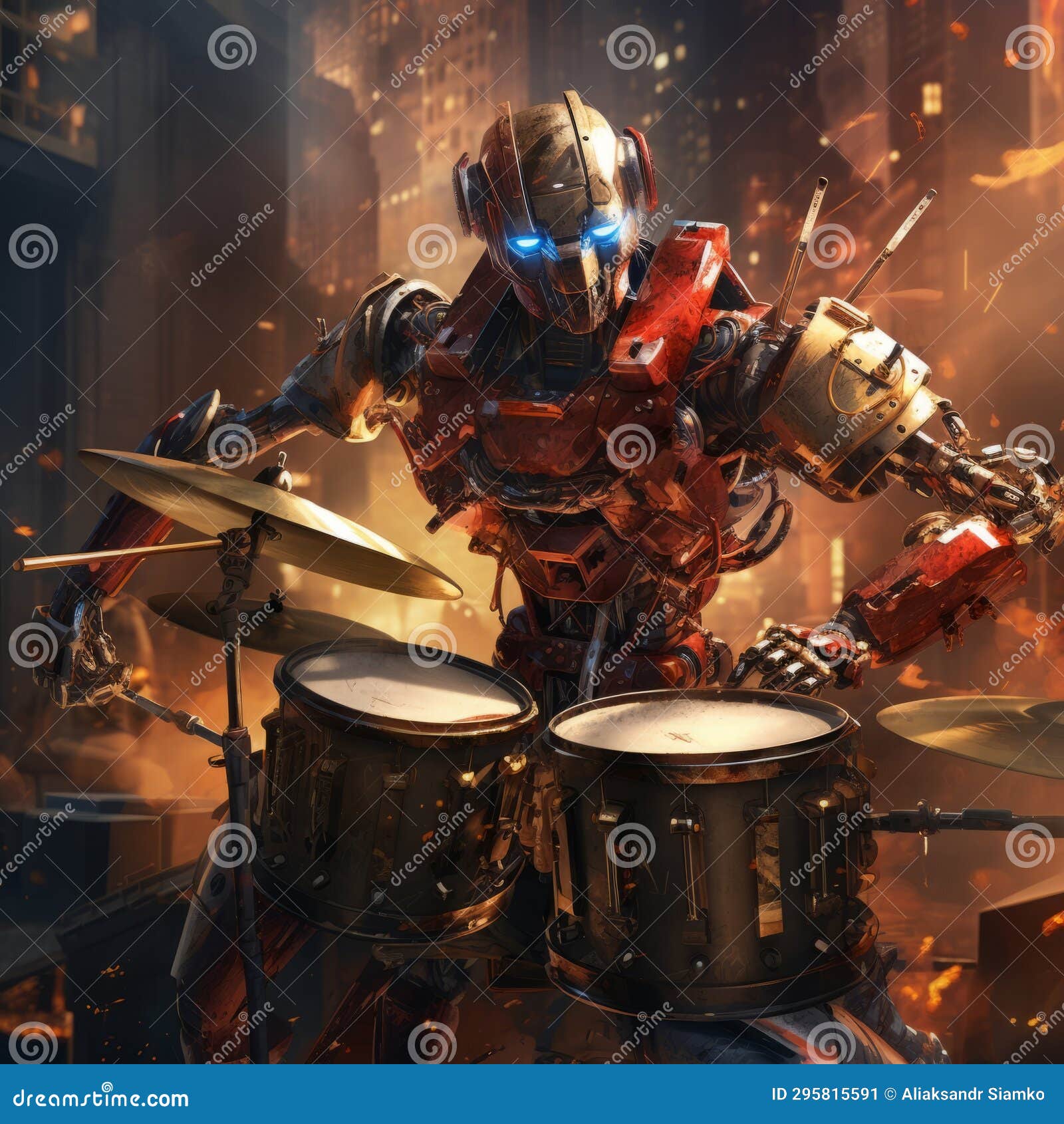 A robot playing a drum set stock illustration. Illustration of guitar ...