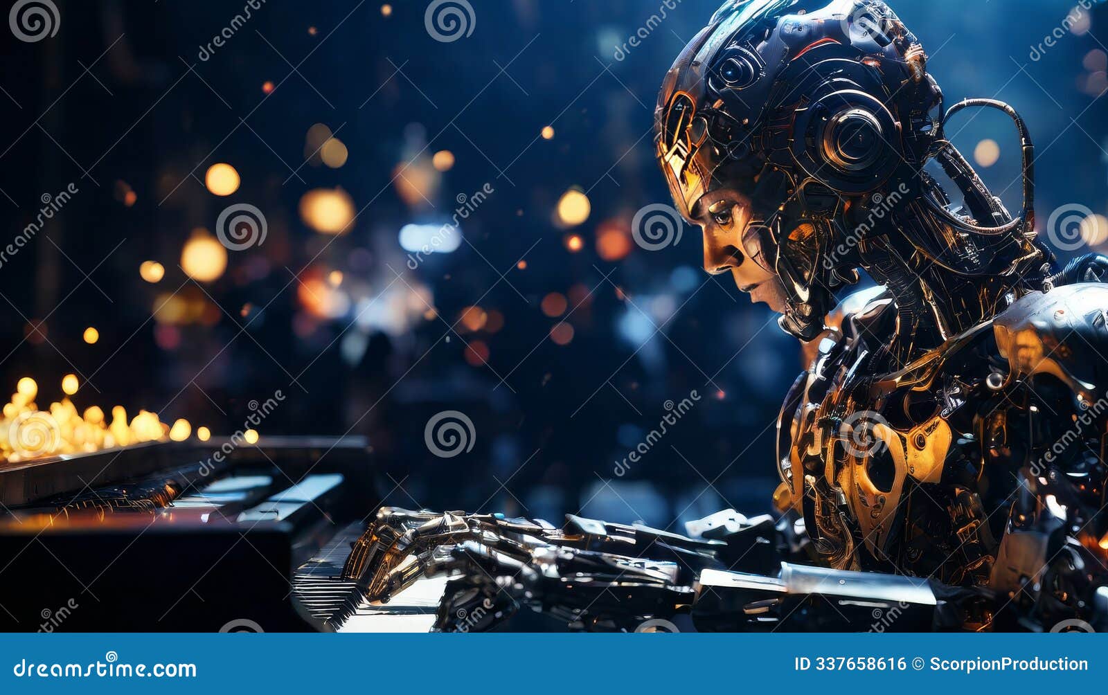 Robot Playing Piano in a Futuristic Setting with Dramatic Lighting ...