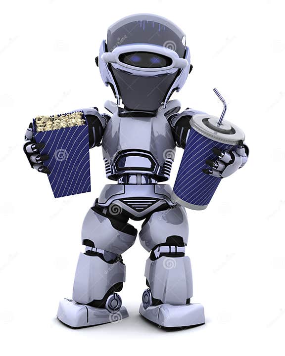 Robot with Pop Corn Bucket and Soda Stock Image - Image of soda ...