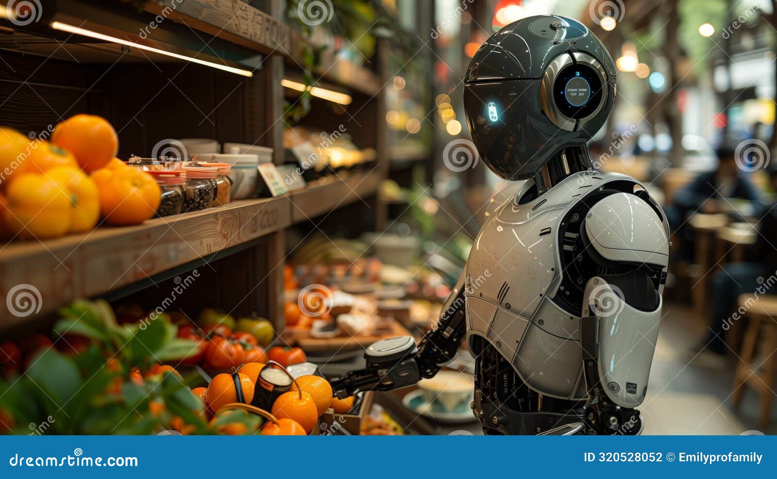 Robot Standing by Fruits and Vegetables Display Stock Illustration ...