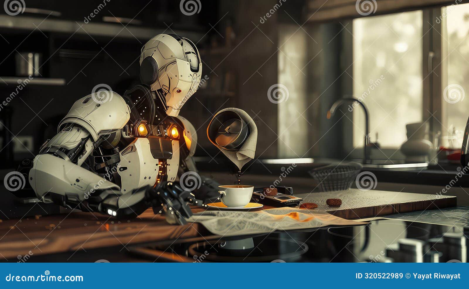 Robot Pouring Tea in Kitchen Generated with AI Stock Illustration ...
