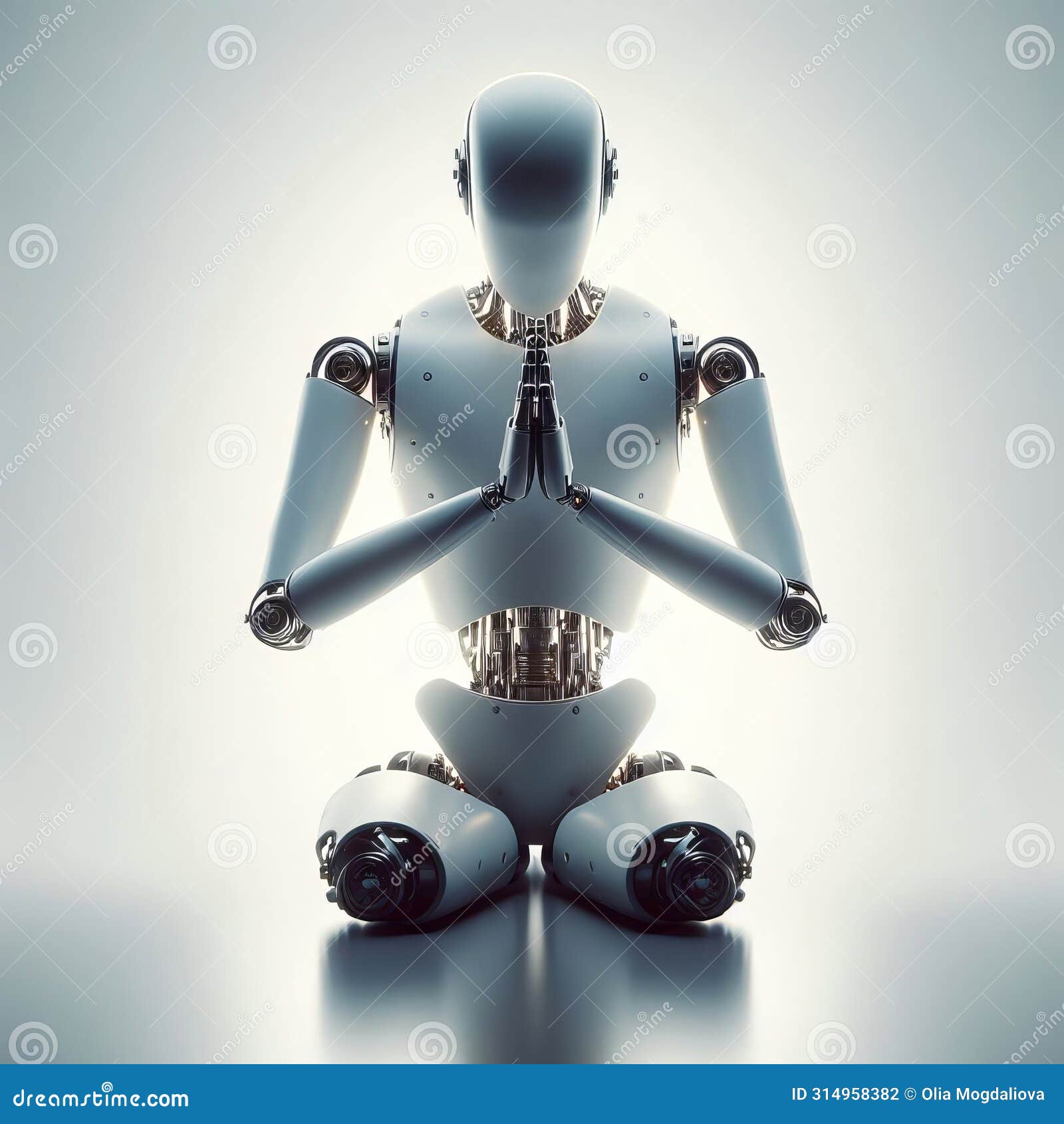 Robot Praying To God on a White Background with Copy Space for Text. a ...