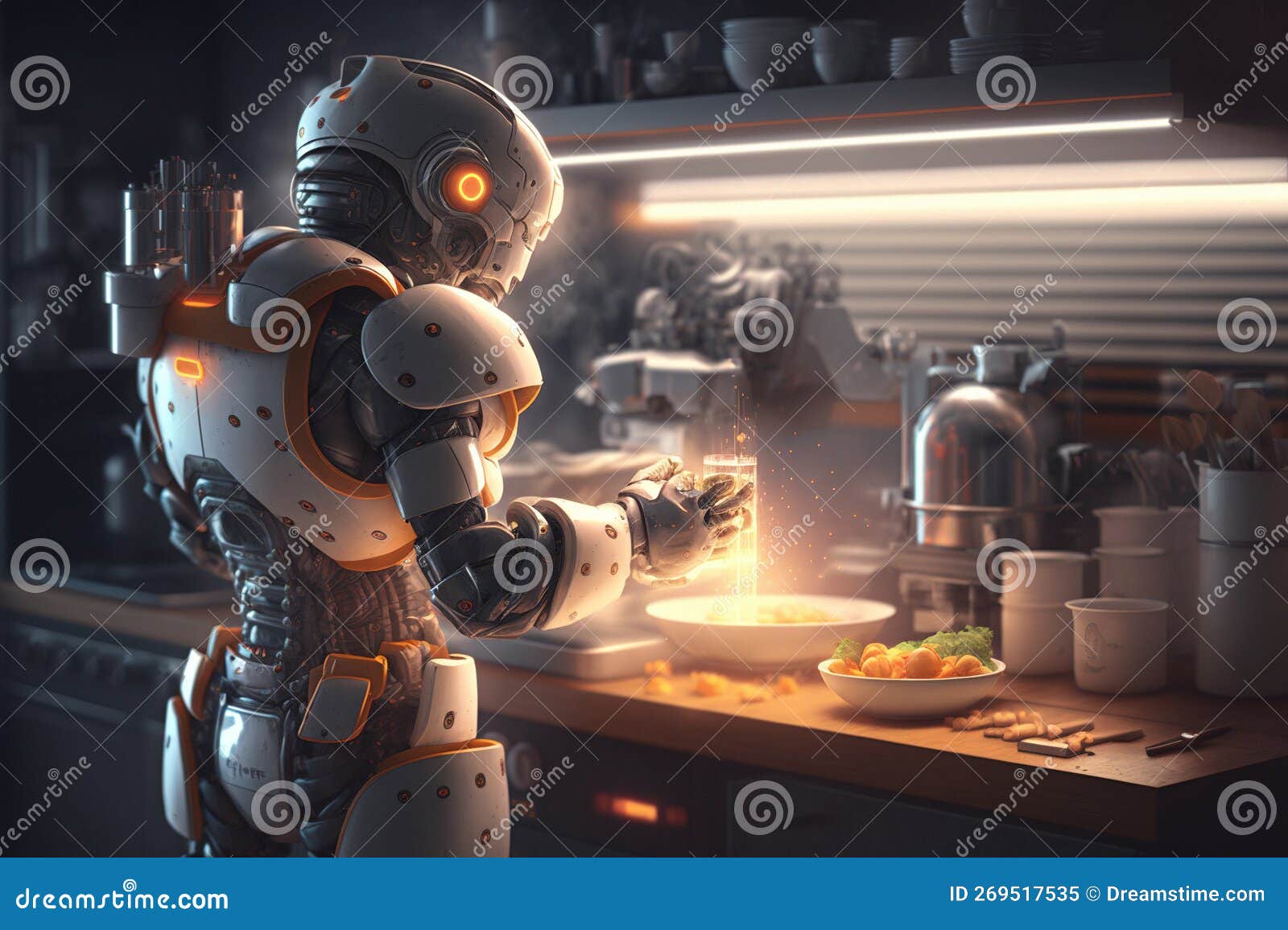 The Robot Prepares Food in a Modern Bright Kitchen. Assistant Robot ...
