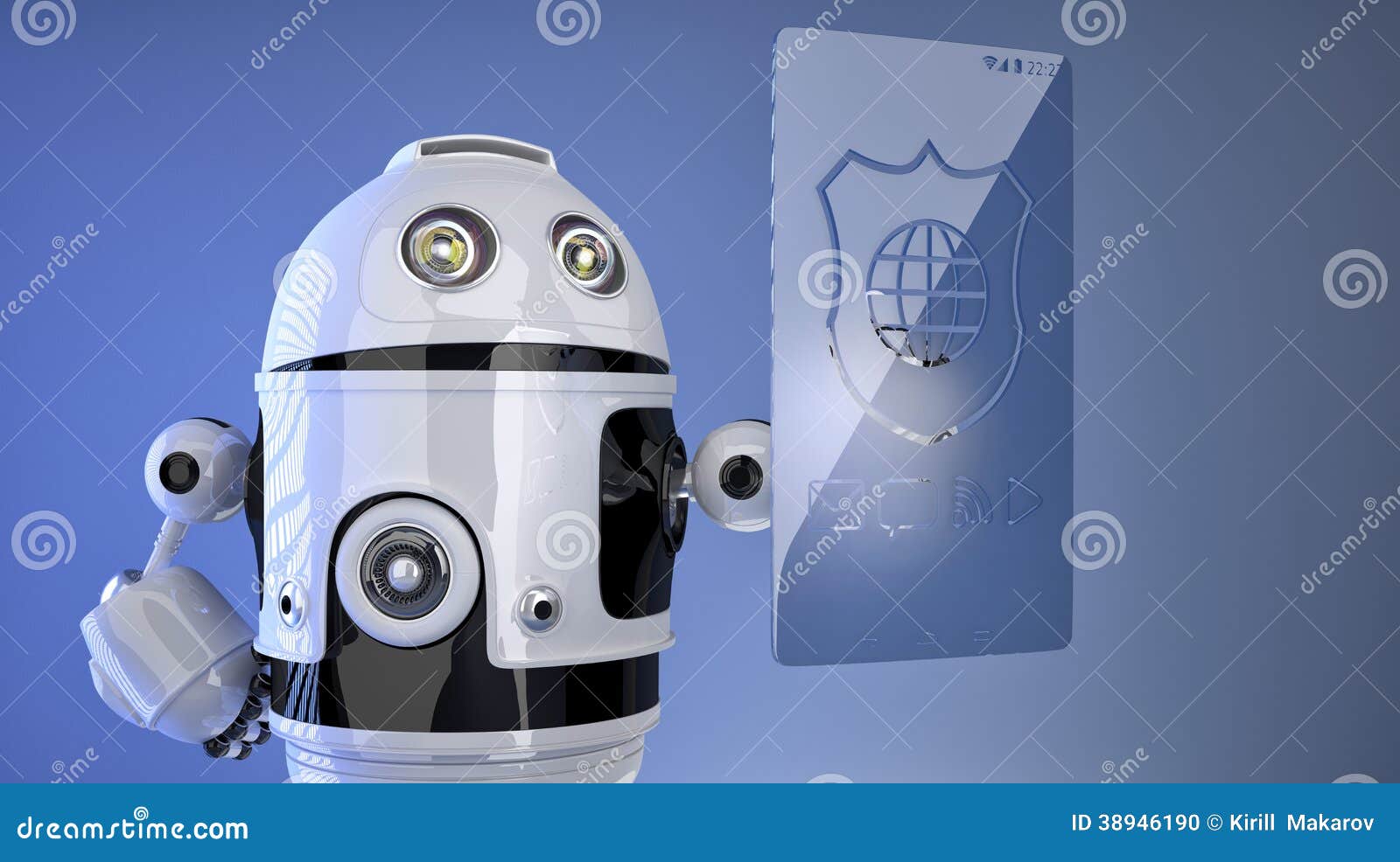 Robot Pressing Virtual Screen with Shield Icon Stock Illustration ...