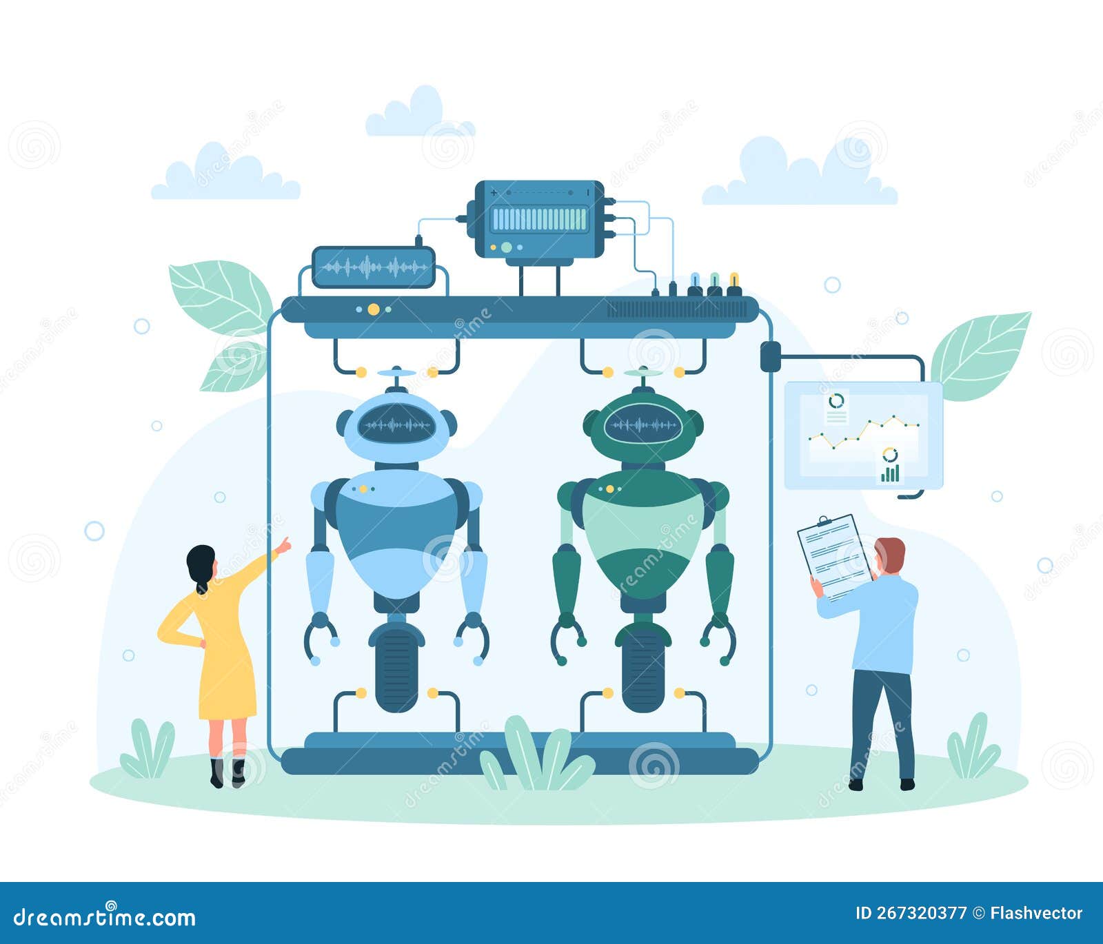 Robot Programming, High Tech Industry, Tiny Engineers Work with Cyborgs, AI Brain Stock Vector ...