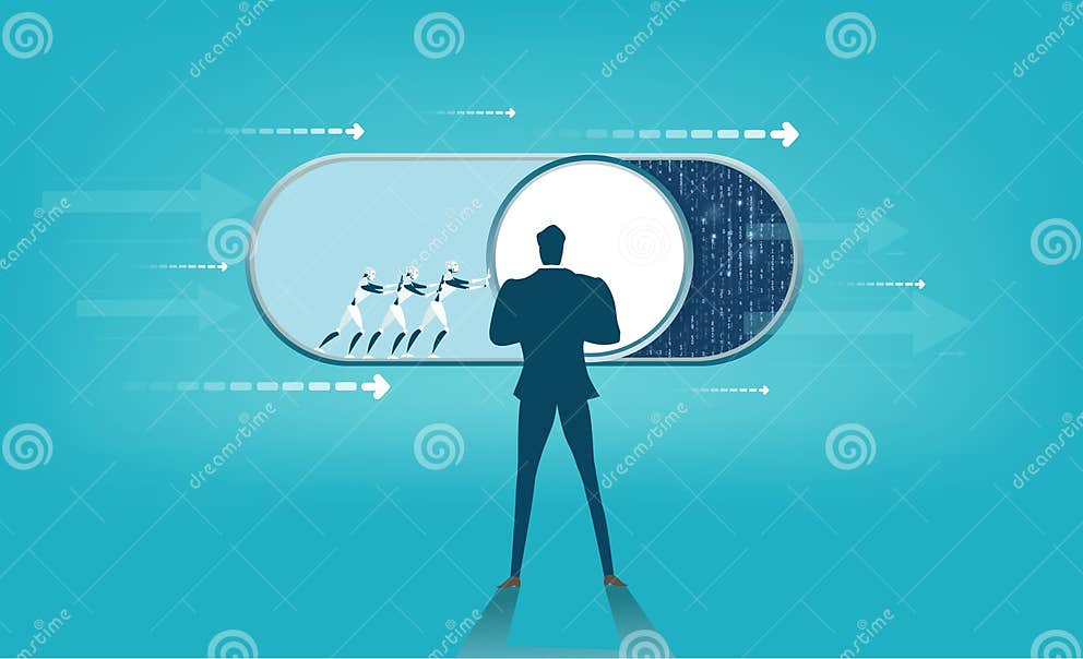 Robot Push Button To the Right As Symbol of Start, New Business and ...