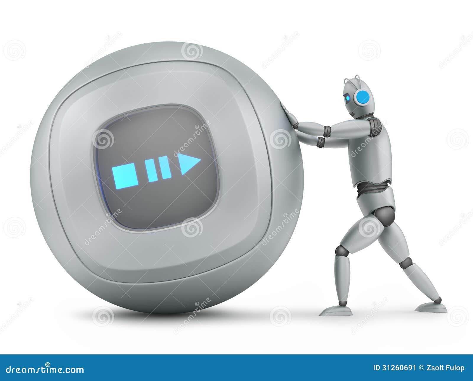 Robot Pushing. Business People Push Geometric Shapes, Race With Cyborg ...