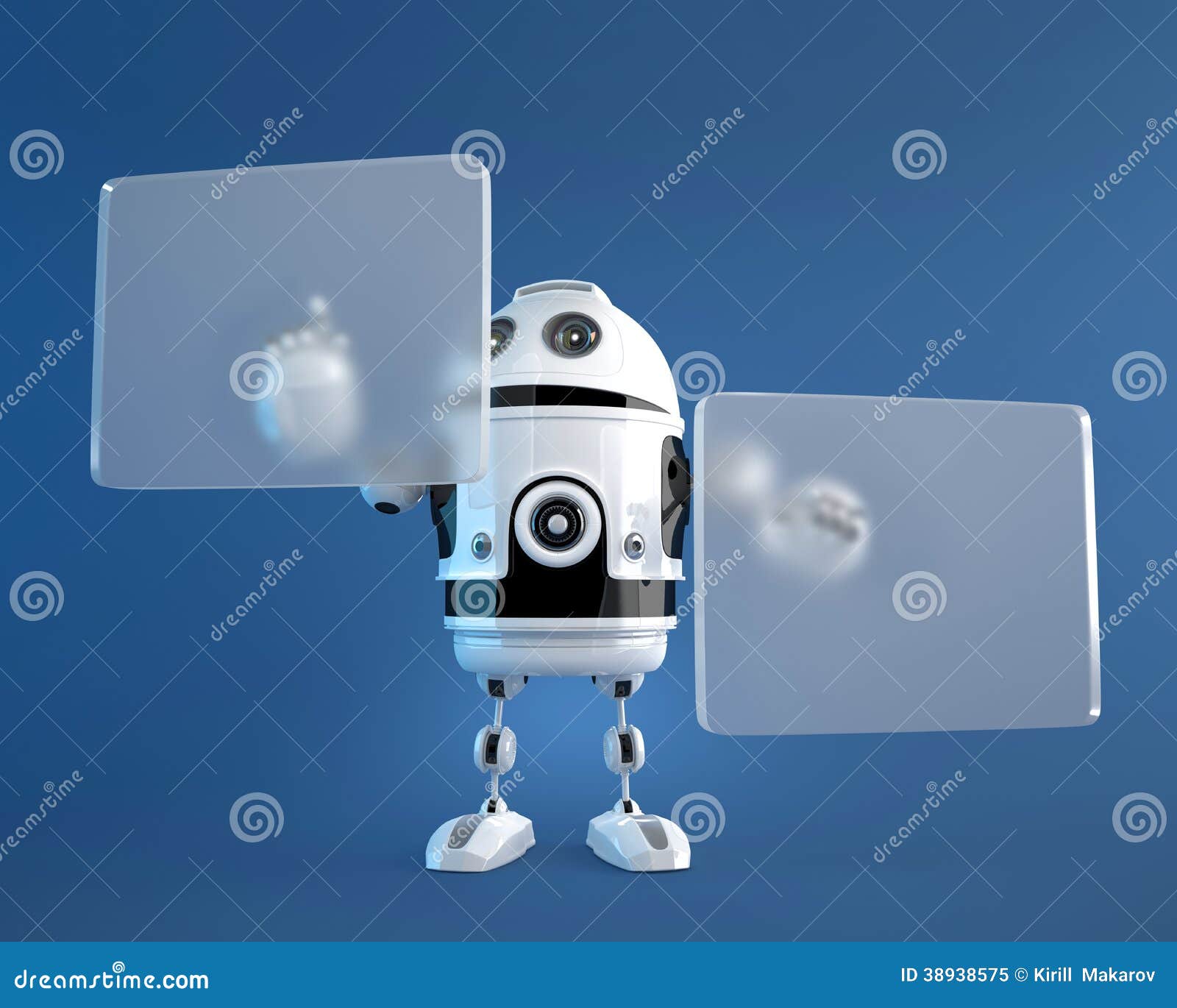 Robot Pushing. Business People Push Geometric Shapes, Race With Cyborg ...