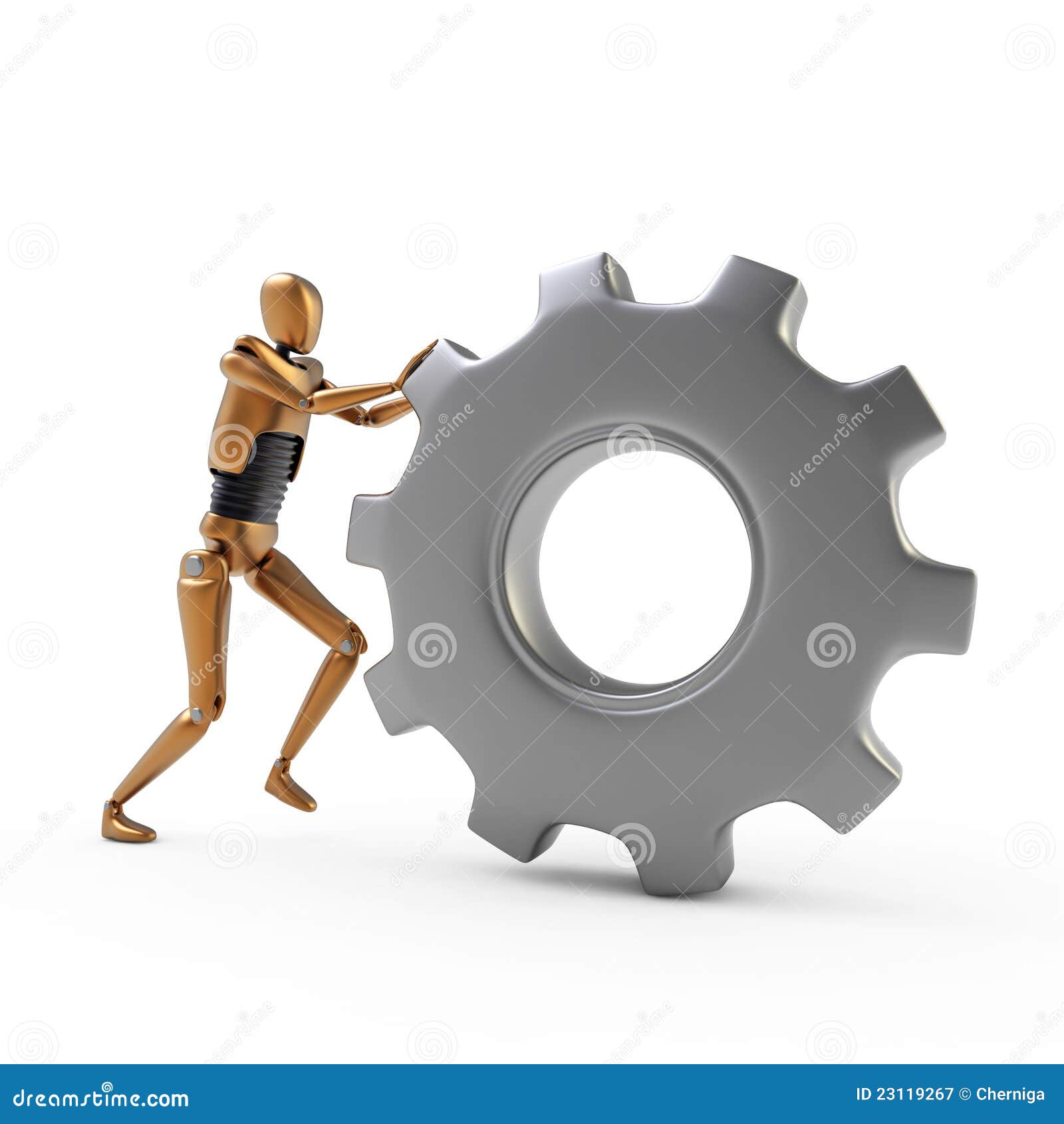 Robot Pushing. Business People Push Geometric Shapes, Race With Cyborg ...