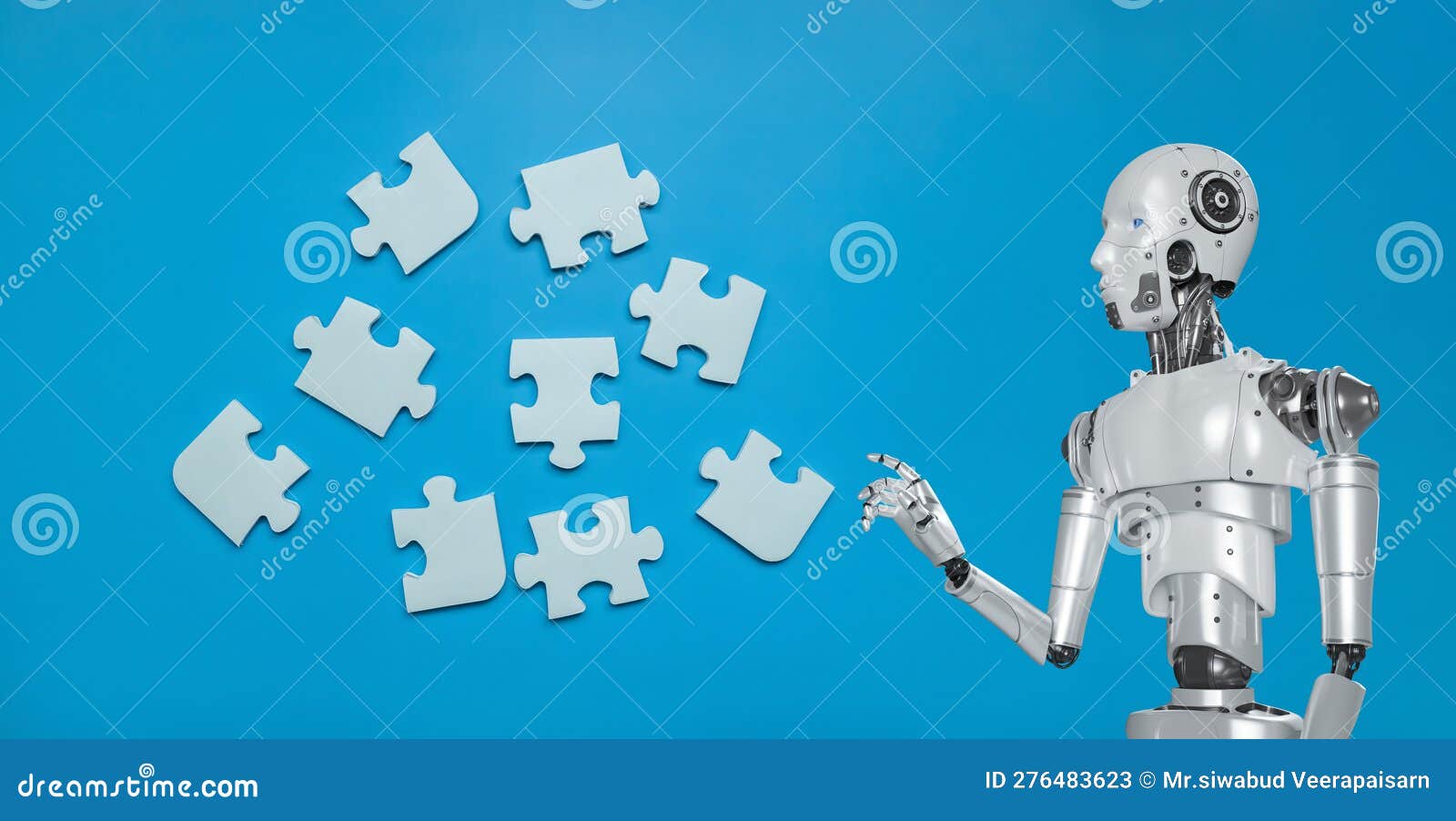 Robot and Puzzle Pieces on Blue Background, Jigsaw Puzzle with Missing ...