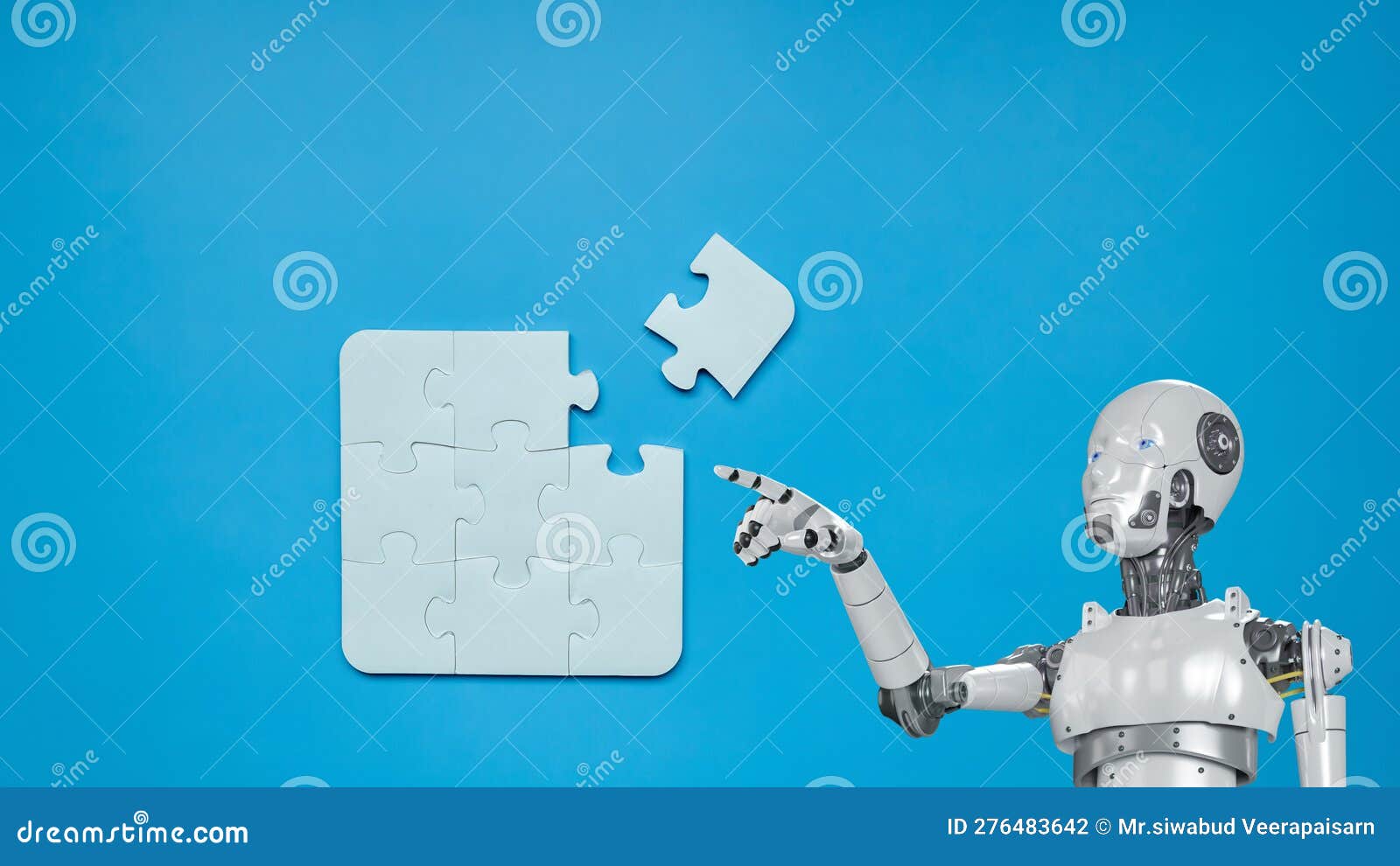 Robot and Puzzle Pieces on Blue Background, Jigsaw Puzzle with Missing ...