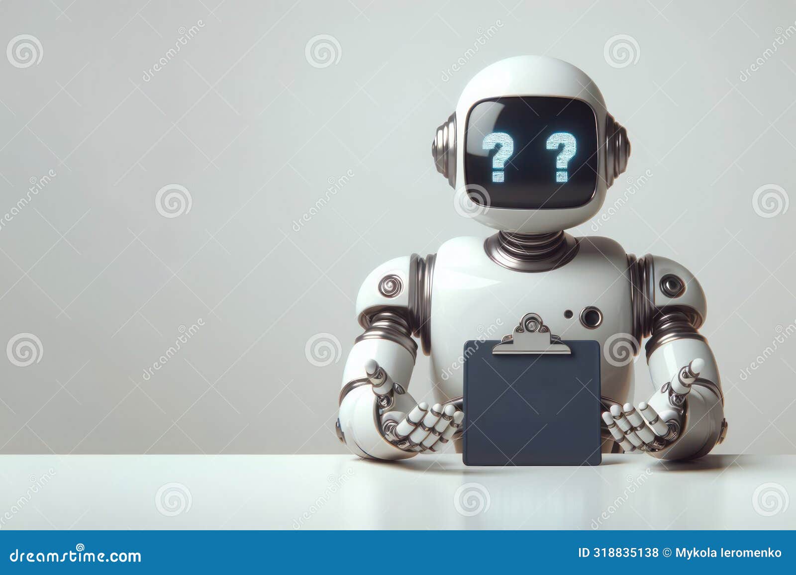 Robot with Question Marks Sitting at a Table. Space for Text. Stock ...