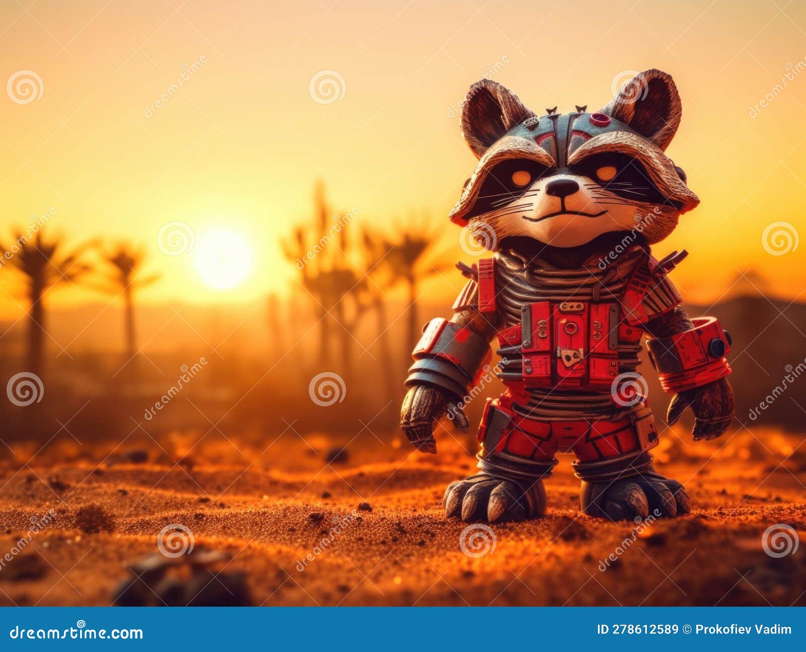Robot Raccoon in the Form of a Samurai Against the Backdrop of Sunset ...