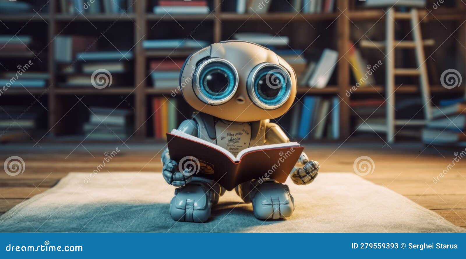 A Robot Reading a Book in Front of a Bookshelf. Generative AI Image ...