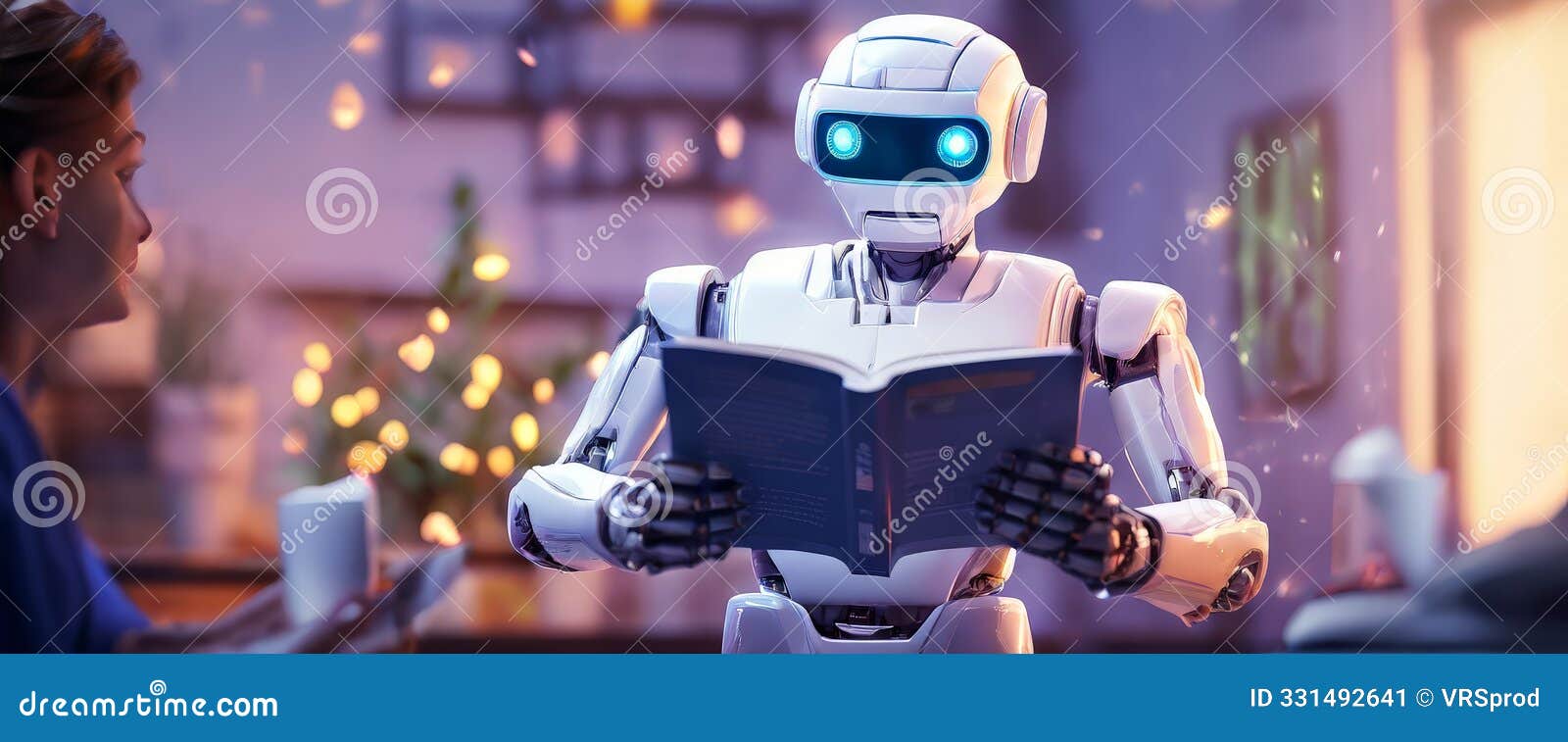 Robot Reading a Book Indoors, Artificial Intelligence Learning Stock ...