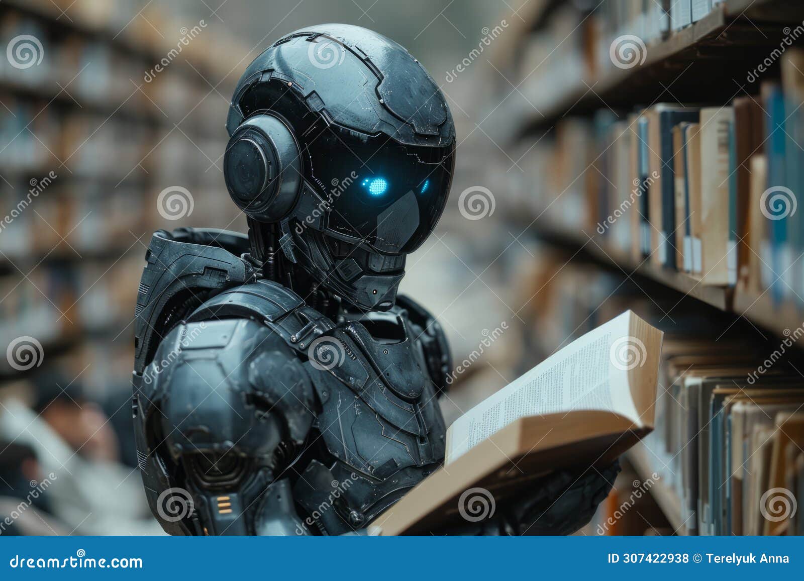 Robot Reading Book in Library. Stock Photo - Image of futuristic ...