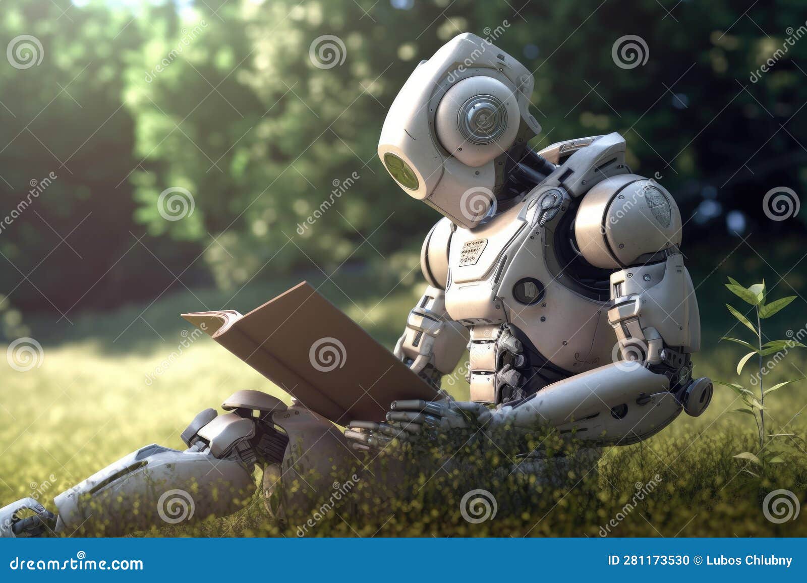 Robot Reading a Book in Nature. Generative AI Stock Illustration ...