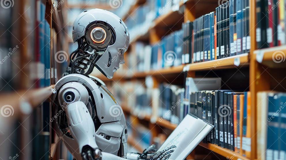 Robot Reading Books in Library Setting Stock Image - Image of reading ...