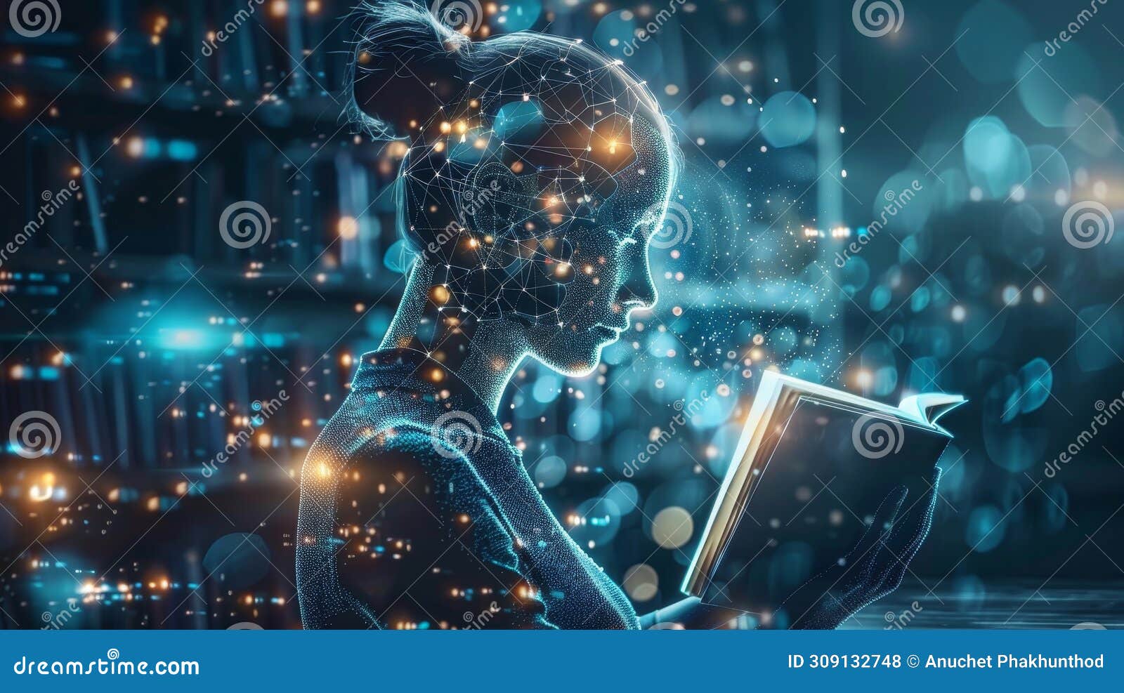 Robot Reading Books in Library Setting Stock Photo - Image of ...