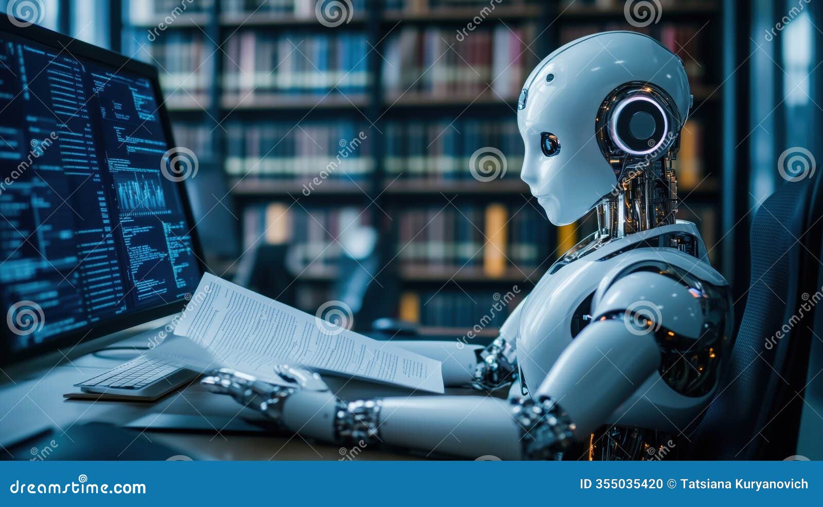 Robot Reading in Library, Studying Data and Information Stock Photo ...