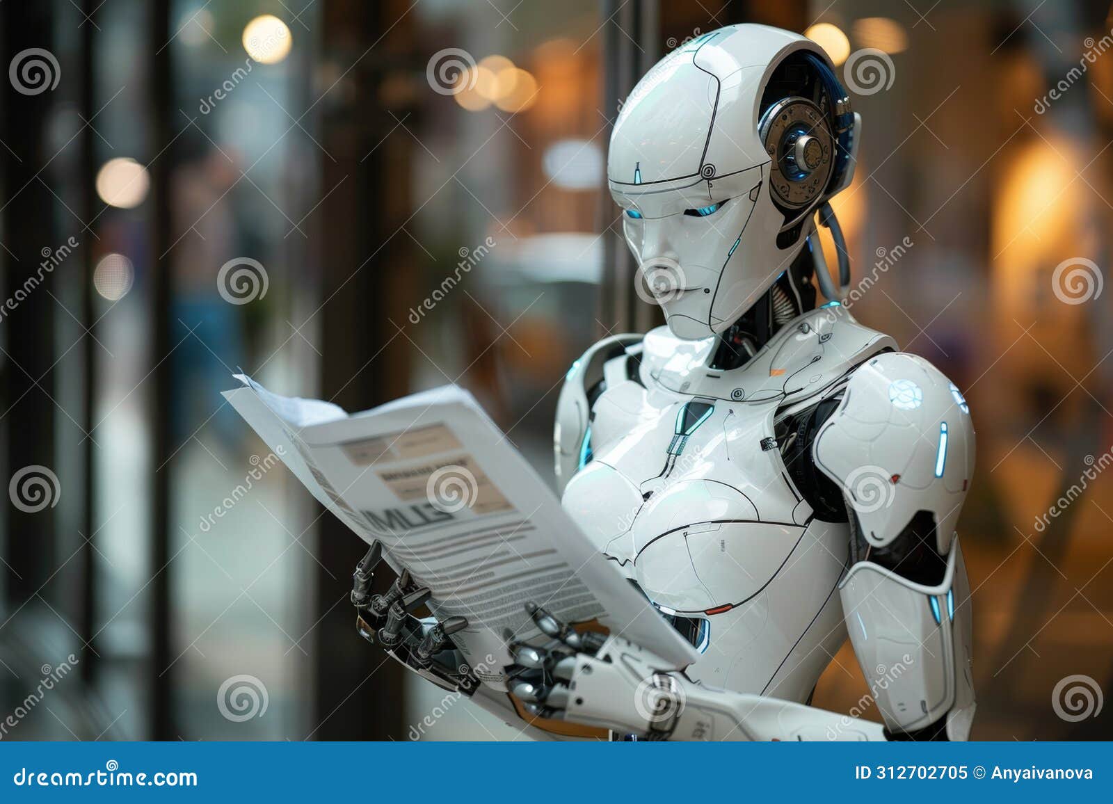 A Robot Reading a Newspaper while Wearing Headphones Stock Image ...