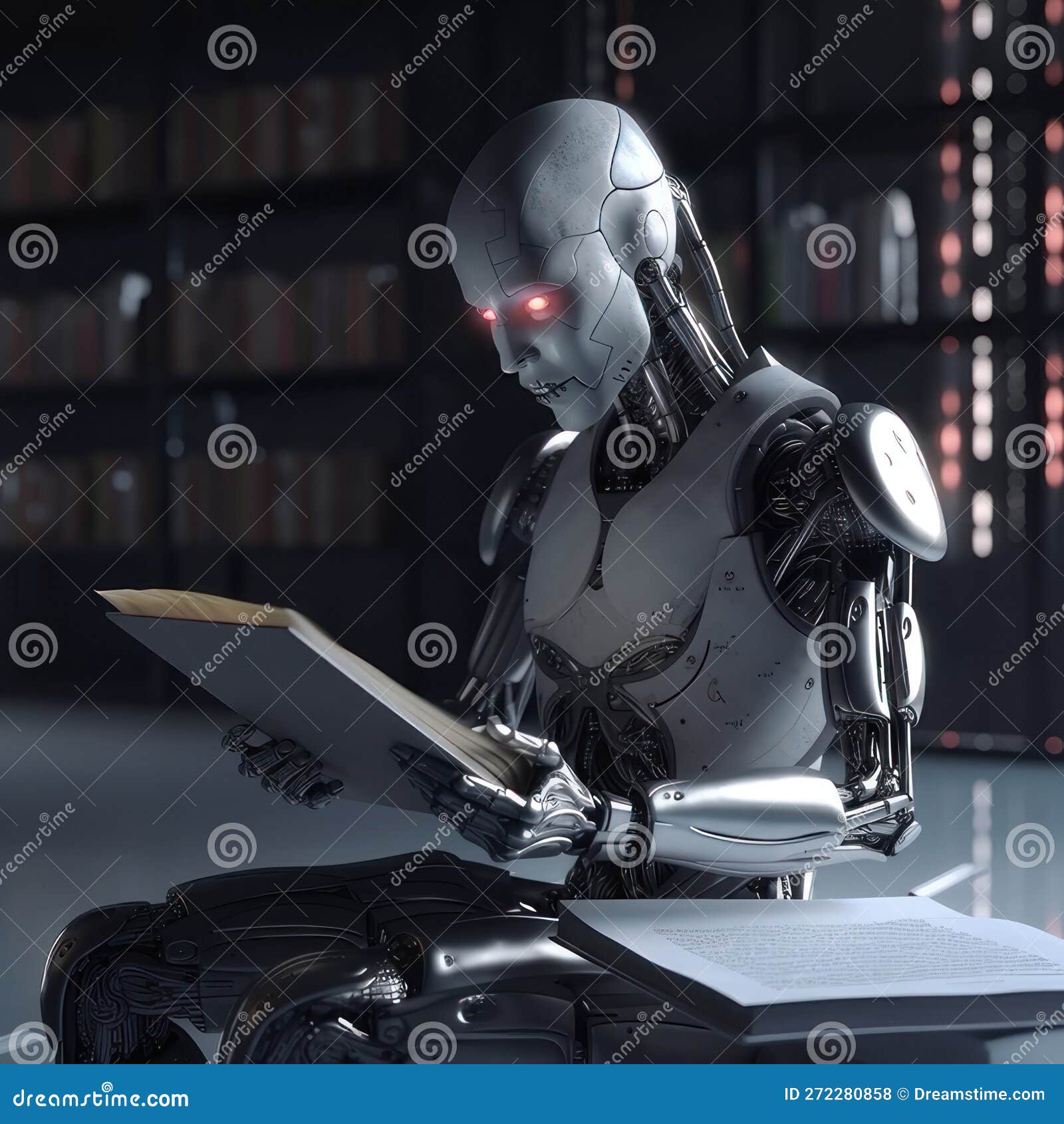 The Robot Reads Documents. AI Generative Stock Illustration ...