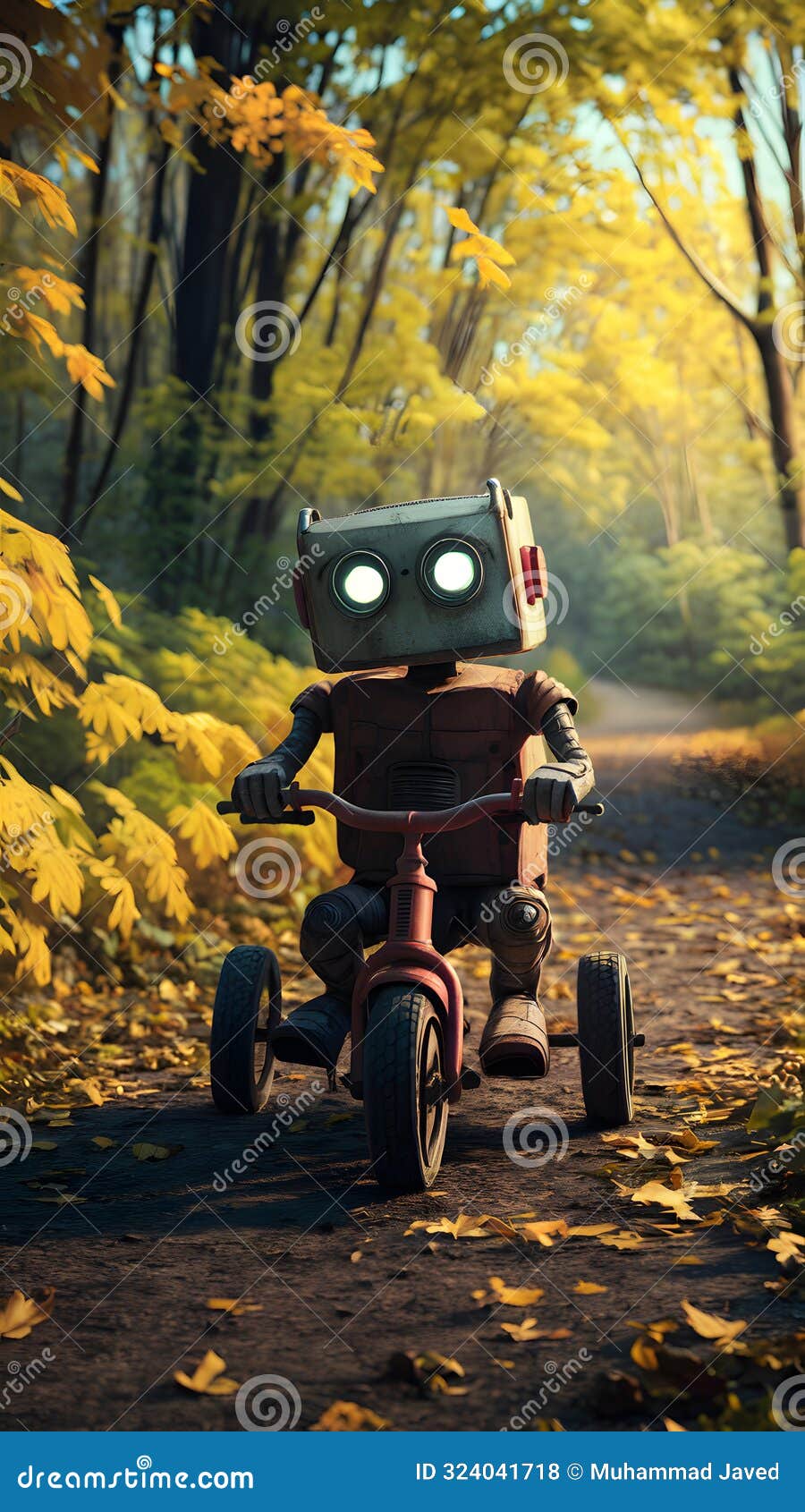 Robot Rides Red Tricycle in Autumn Forest with Yellow Foliage Stock ...