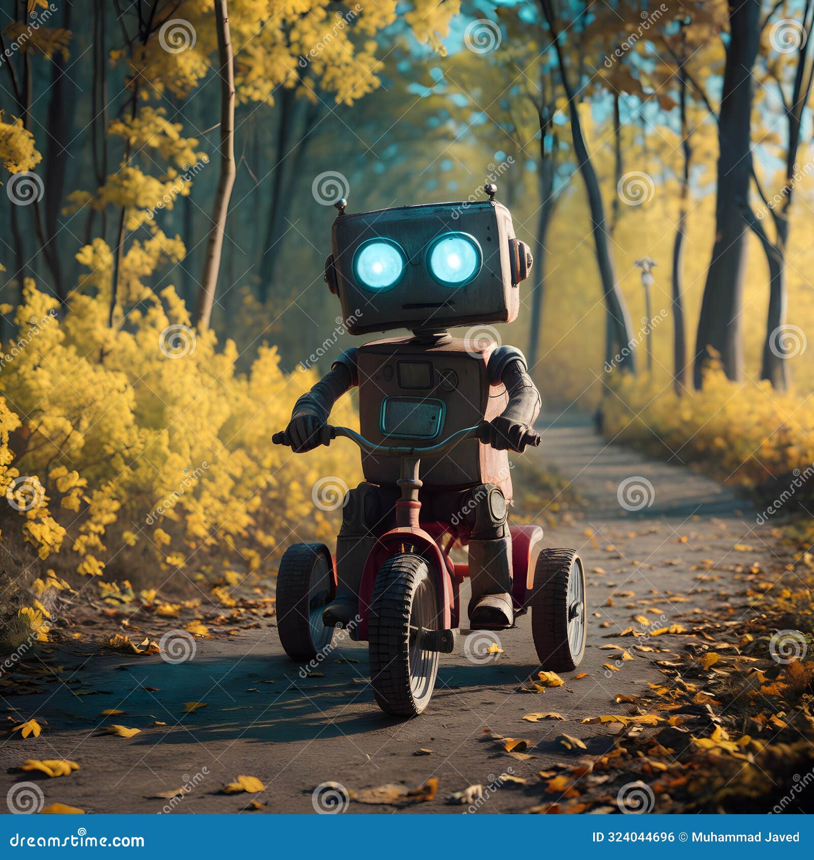 Robot Rides Red Tricycle in Autumn Forest with Yellow Foliage Stock ...