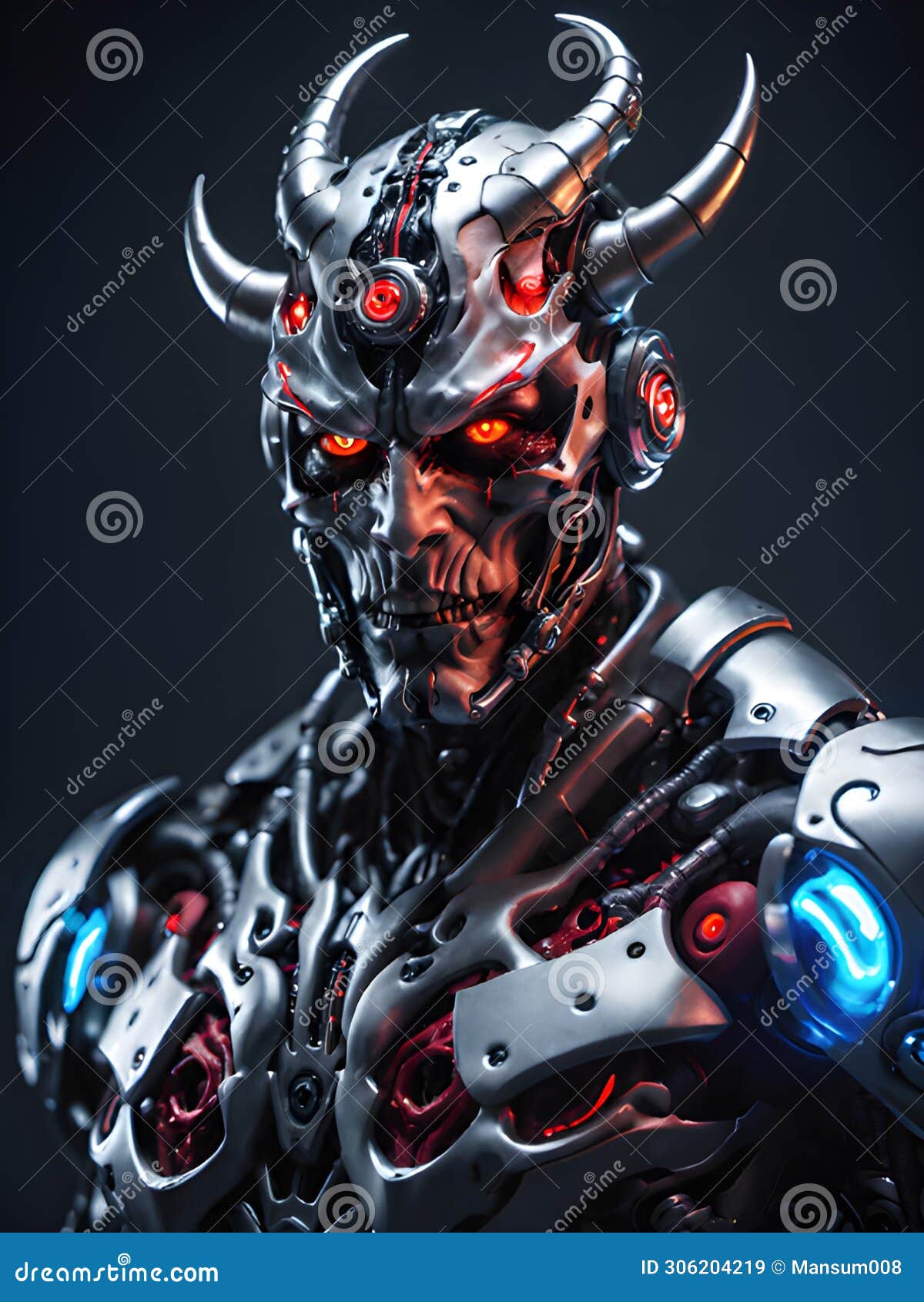 A Robot with Red Eyes and Horns Stock Illustration - Illustration of ...