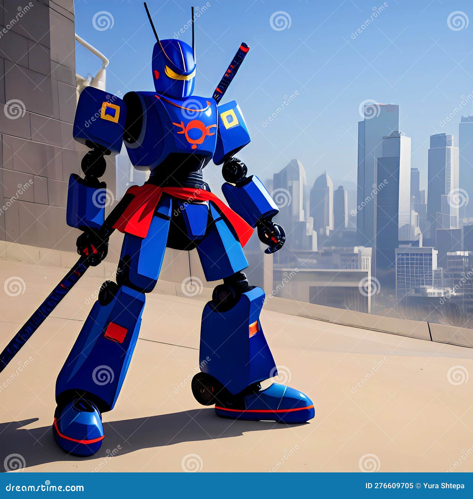 A Robot with a Red Face and Blue Arms is in Front. Generative AI Stock ...