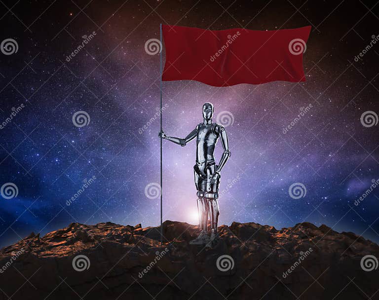 Robot with red flag stock illustration. Illustration of flag - 137074904