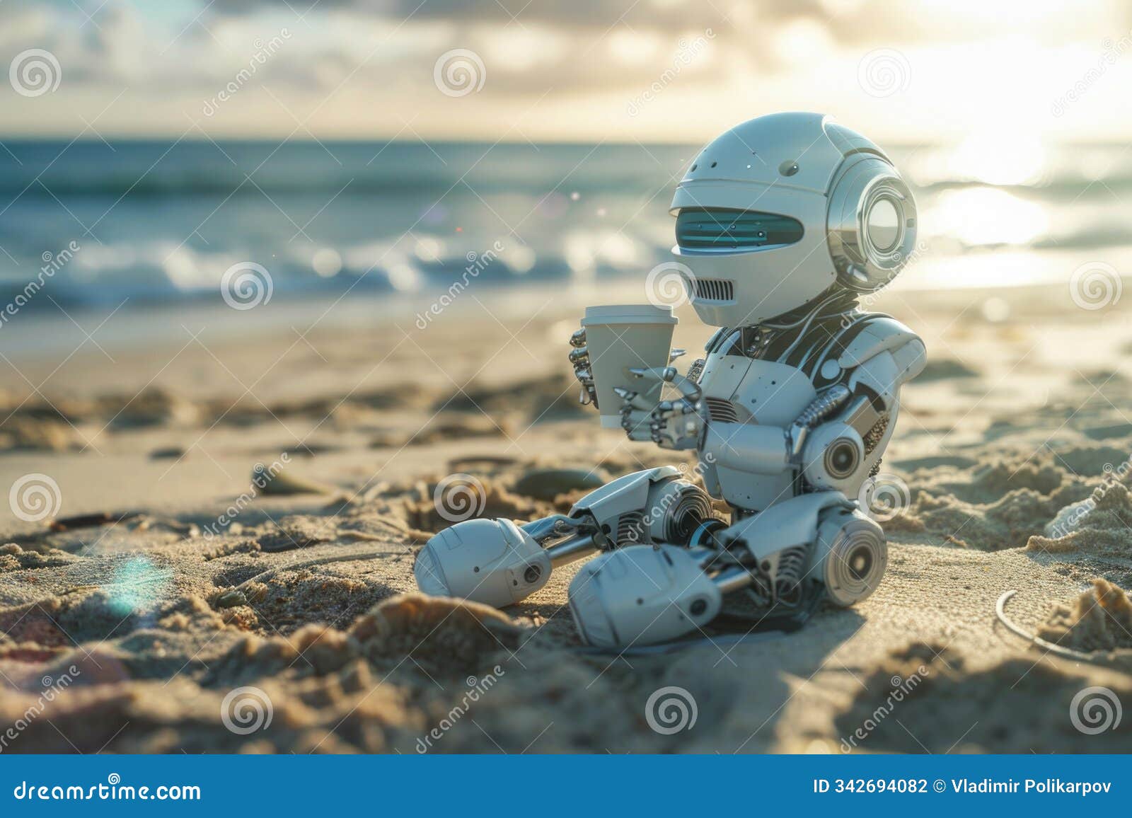 A Robot Relaxing on a Beach with a Cup of Coffee, Perfect for a ...