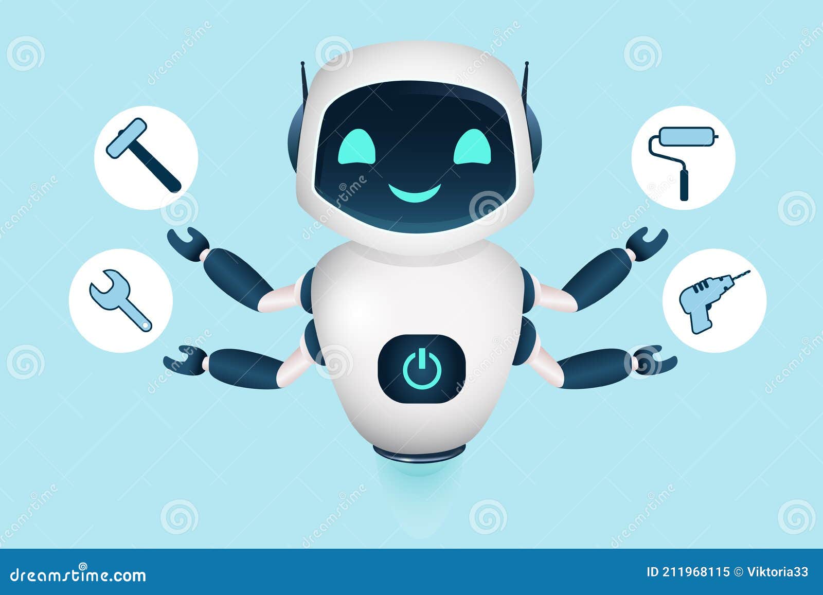 Robot Repairman with Building Tools Drill and Hammer, Roller and ...