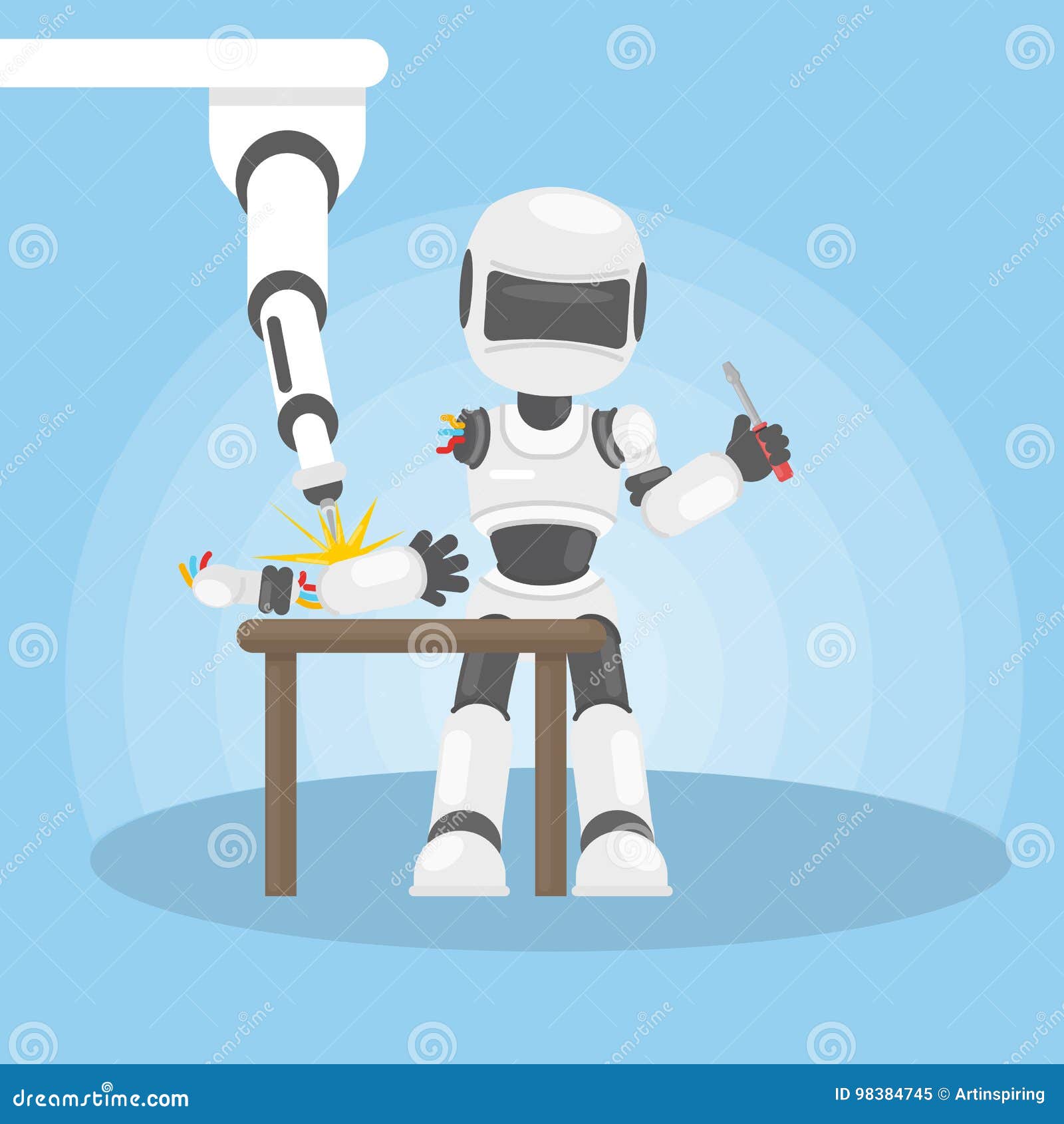Robot repairs itself. stock vector. Illustration of mechanical - 98384745
